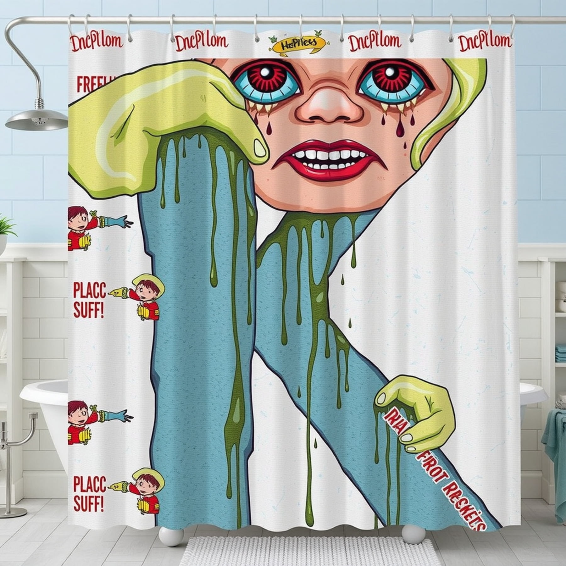 Vibrant Grotesque Face Shower Curtain - Whimsical Horror Design with ...