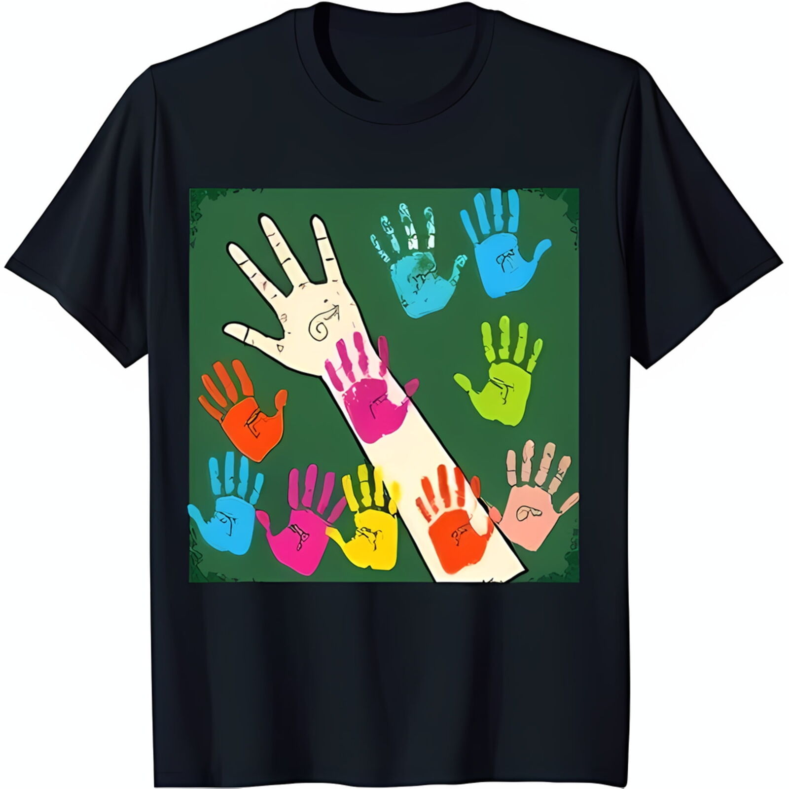 Vibrant Handprint Design on Black T-Shirt Colorful Arm & Hands Graphic ...