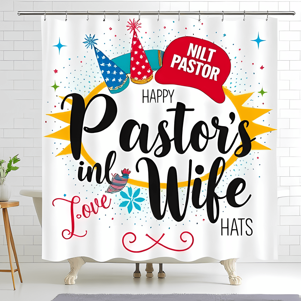 Vibrant "Happy Pastor's Wife" Shower Curtain - Fun Design Party Hats ...