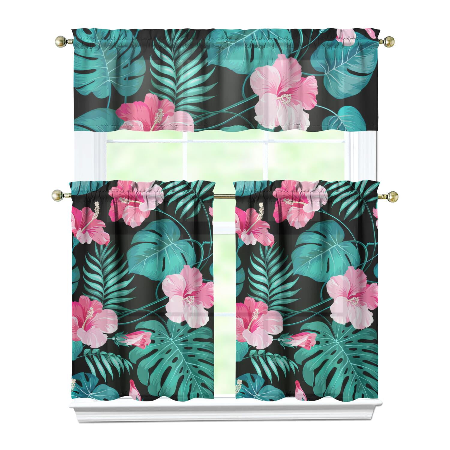 Vibrant Hawaiian Print Tier Curtains - 3 PC Set for Small Windows, Semi ...