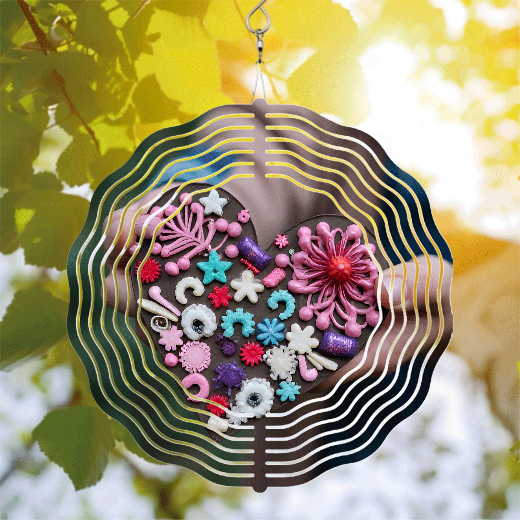 Vibrant Heart-Shaped Metal Wind Spinner with Colorful Flowers & Stars ...