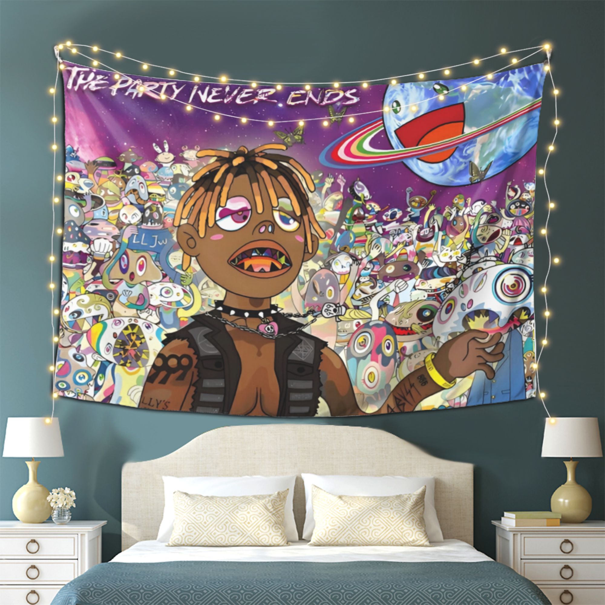 Vibrant Hip-Hop Party Tapestry - "THE PARTY NEVER ENDS" Design with ...