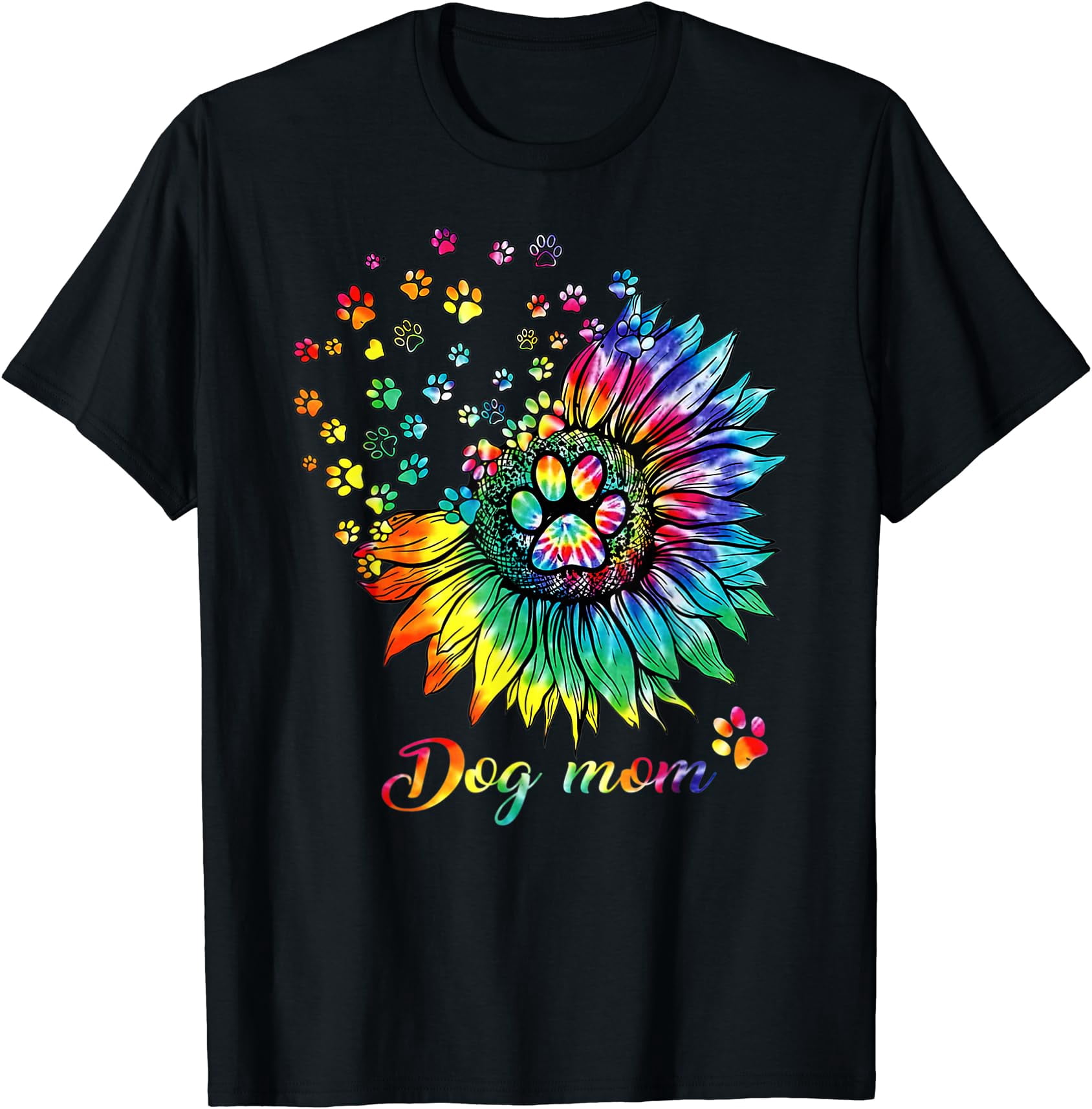 Vibrant Hippie Dog Mom Sunflower Paw Print Tie Dye T-Shirt for Pet ...