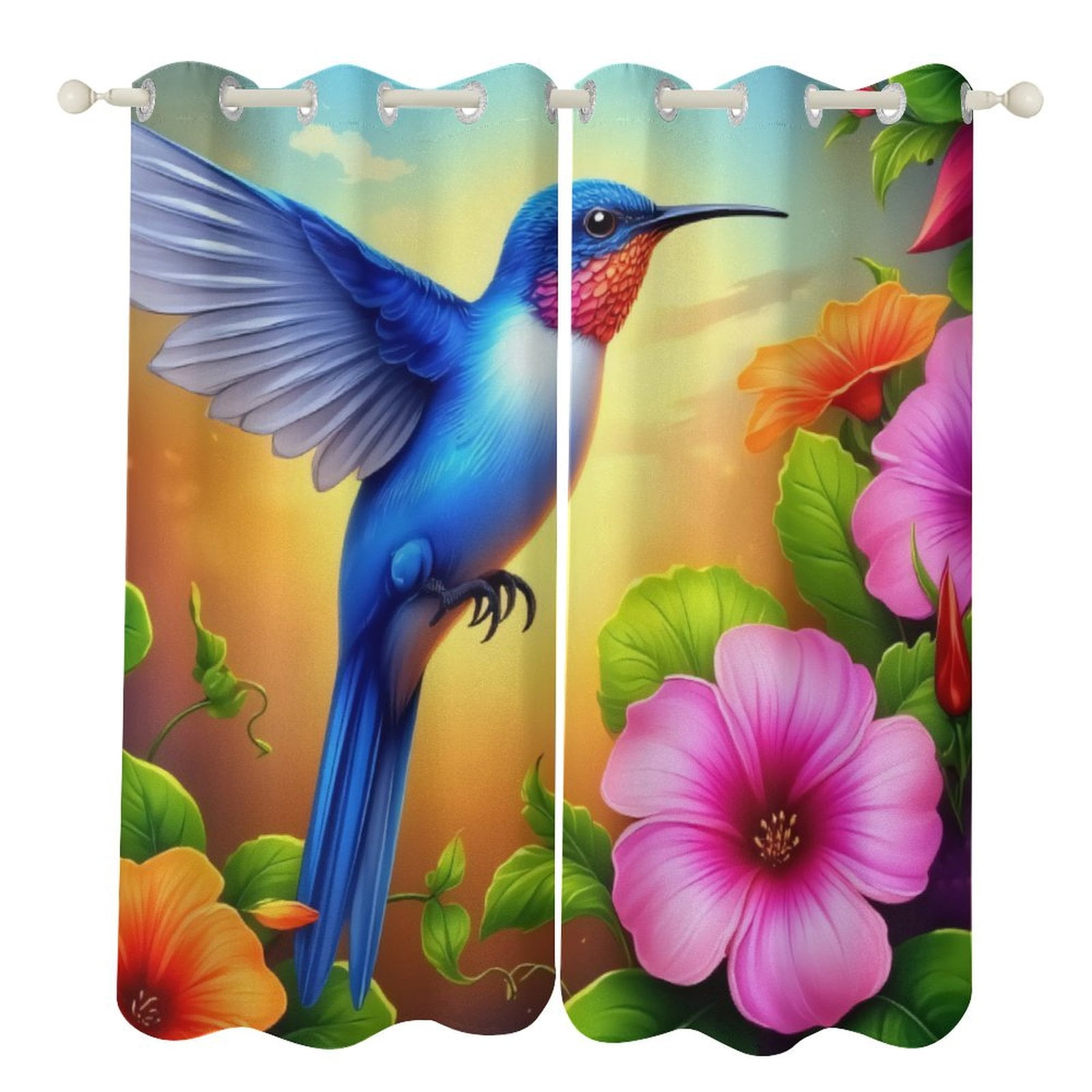 Vibrant Hummingbird Floral Art 2 Panels 3D Printing Pattern Curtain for ...