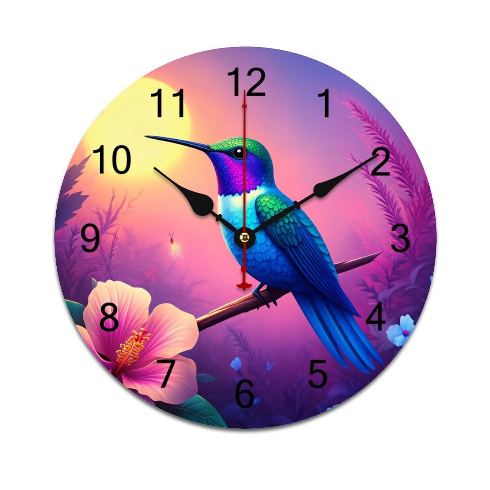 Vibrant Hummingbird Floral Art Time Decorative Wall Clocks Round Large ...