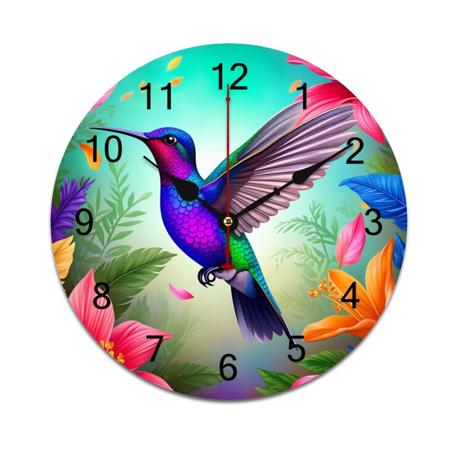 Vibrant Hummingbird Floral Art Word Saying Big Wall Clock Home Decor ...