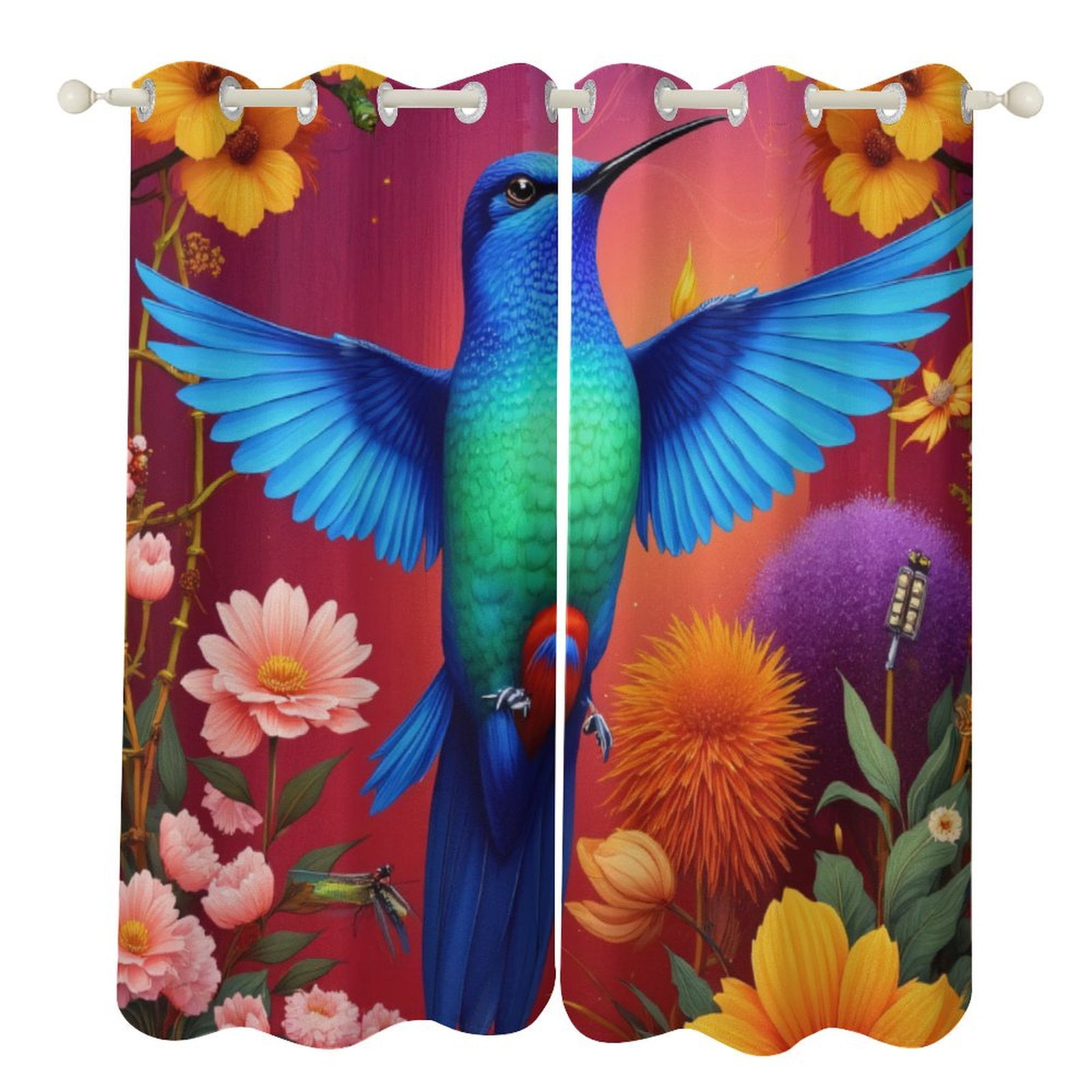 Vibrant Hummingbird Floral Print 2 Panels Curtains for Bedroom Living ...
