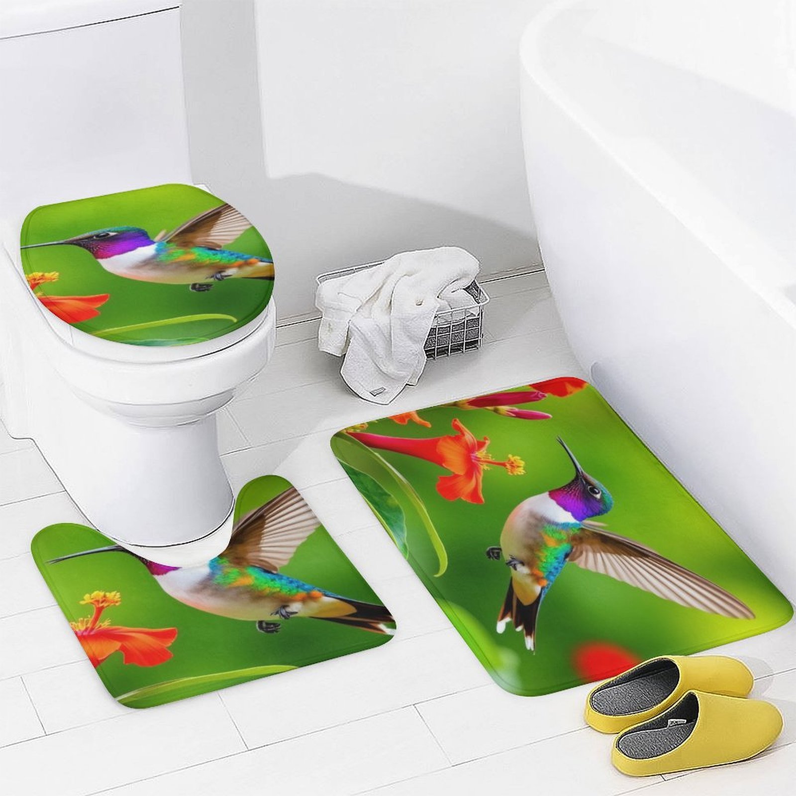 Vibrant Hummingbird Floral Print Bathroom Mats Sets 3 Piece, Bath Mat ...