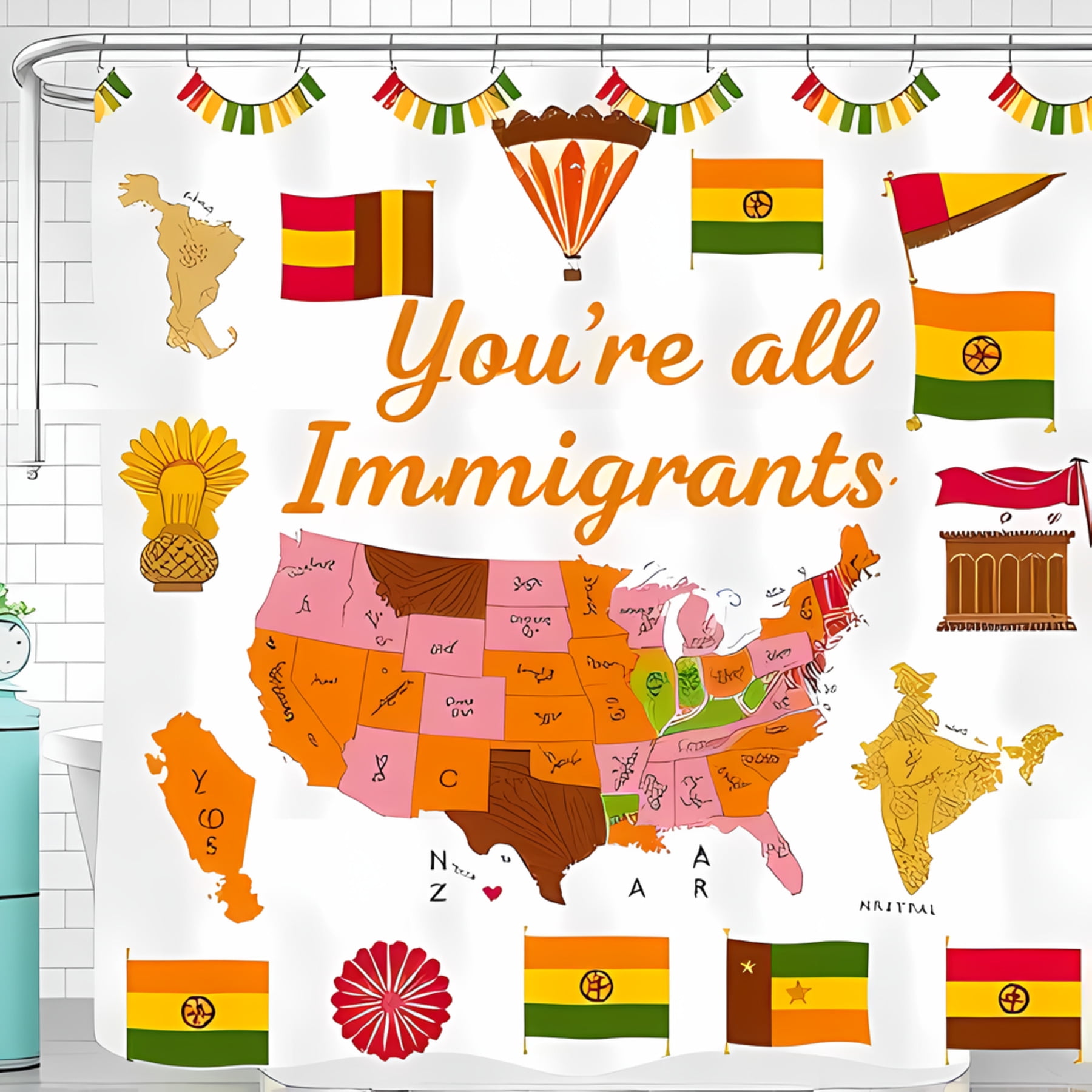 Vibrant Immigration Themed Shower Curtain with US Map Country Flags and ...