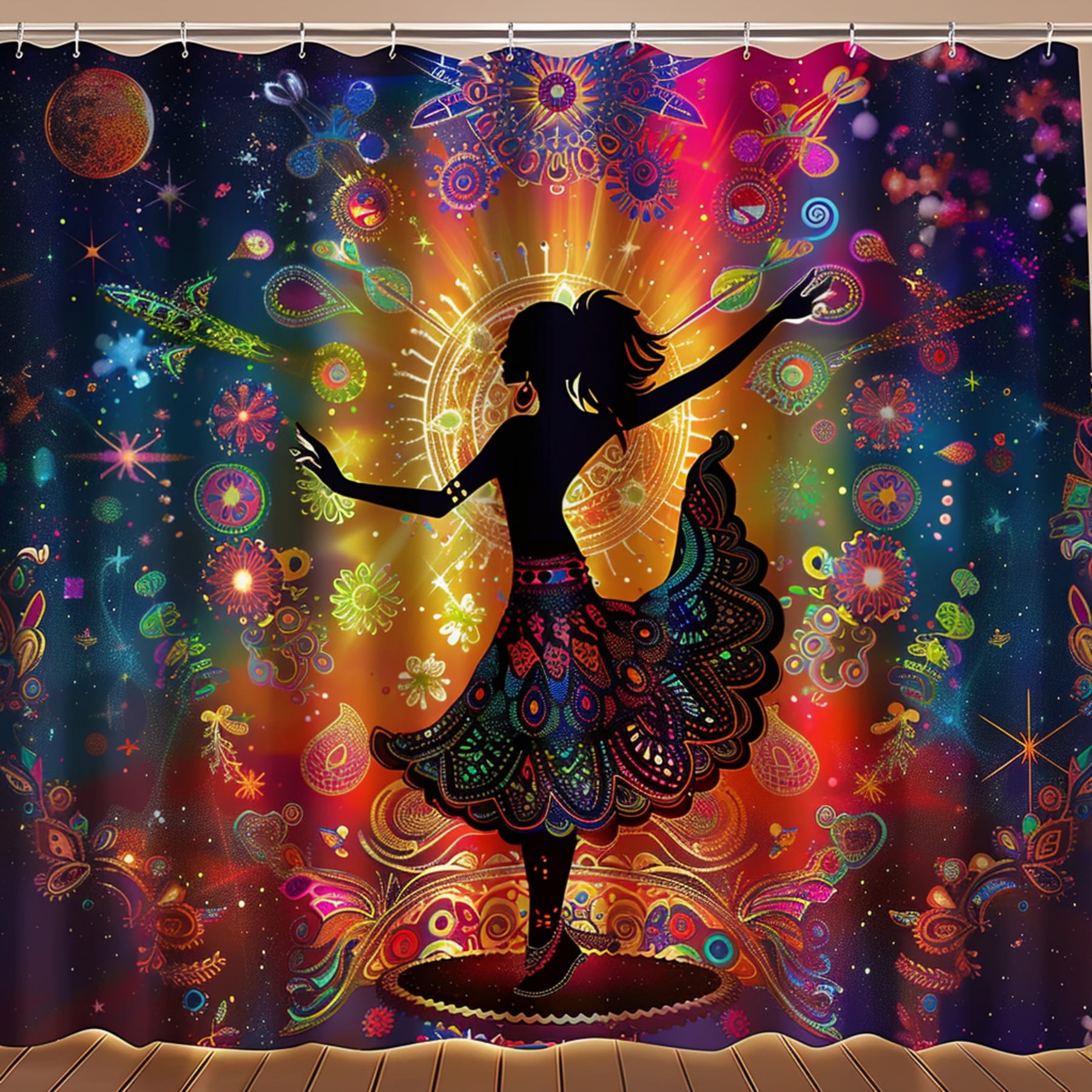 Vibrant Indian Woman Dancing in Galaxy African Art Style Shower Curtain ...
