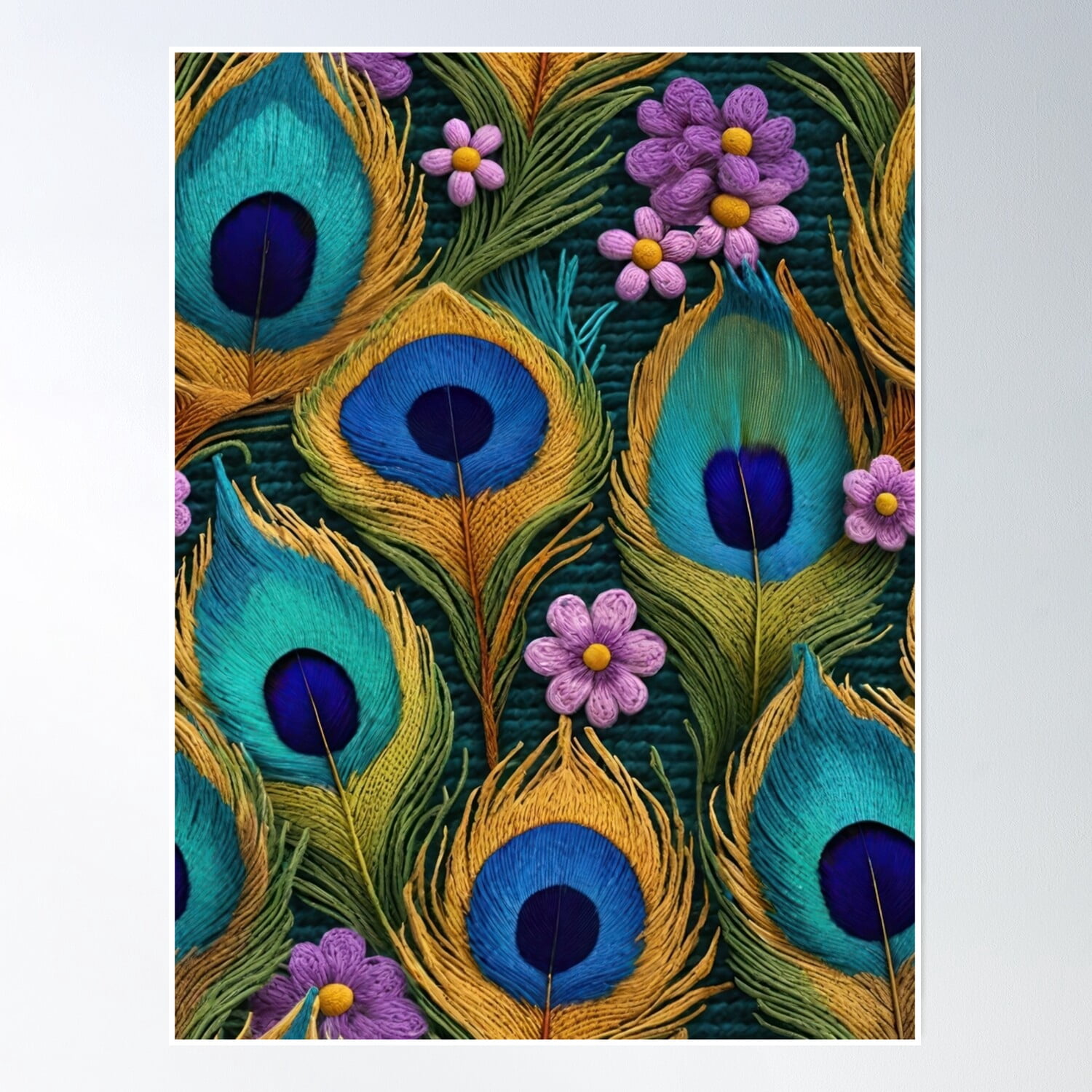 Vibrant Iridescent Peacock Feathers With Crochet Purple Flowers Poster ...