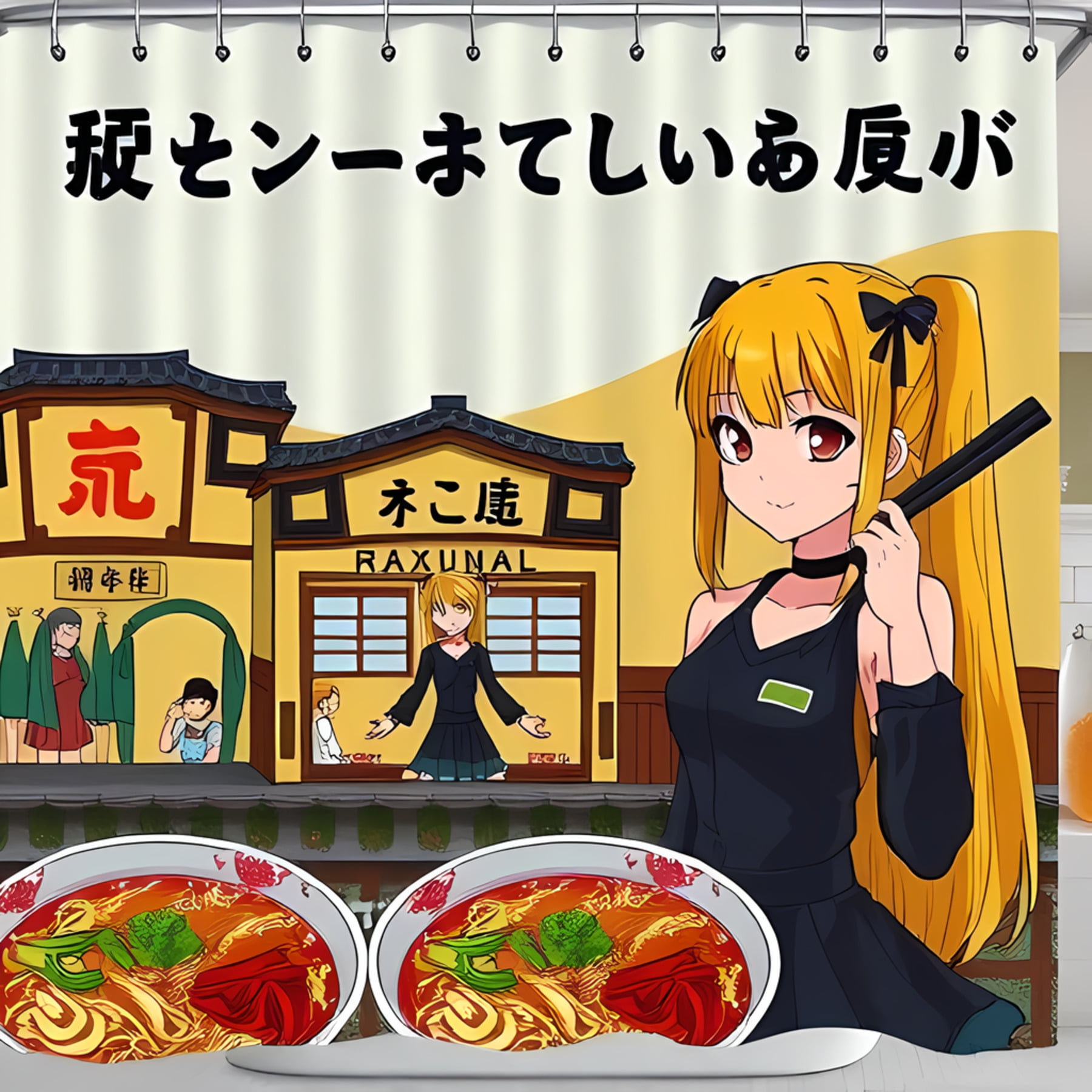 Vibrant Japanese Street Scene Shower Curtain - Colorful Ramen Bowls ...