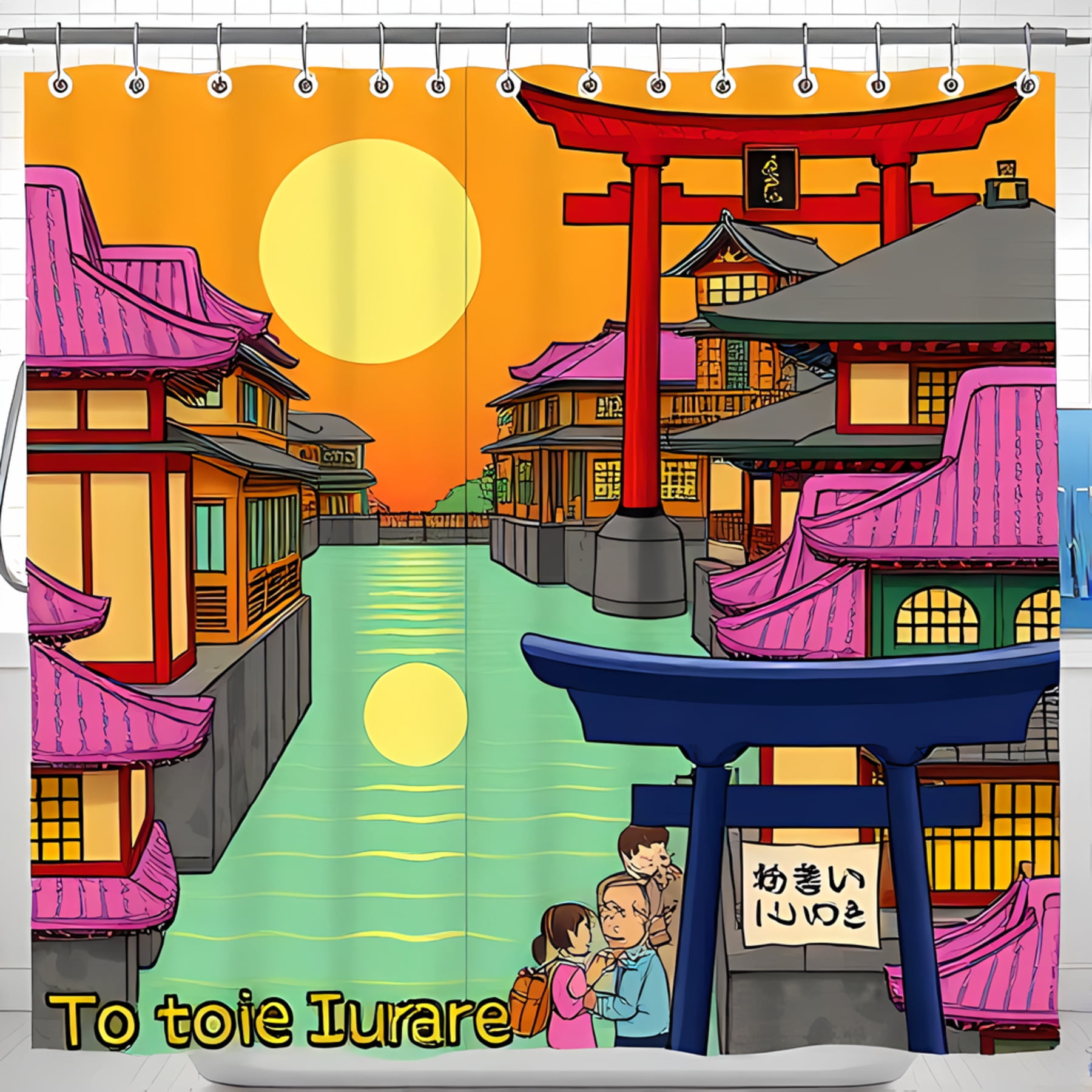 Vibrant Japanese Town Sunset Shower Curtain - Colorful Reflection ...