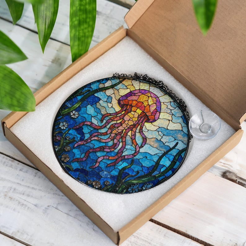 Vibrant Jellyfish Ocean Suncatcher Stained Glass Window Decor Gift for ...