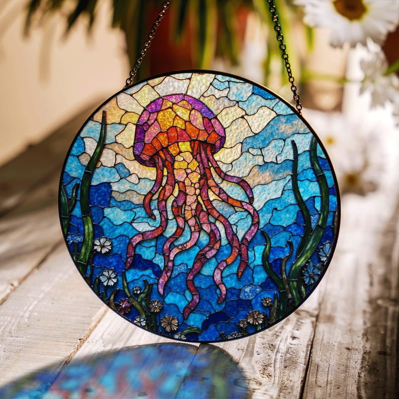 Vibrant Jellyfish Ocean Suncatcher Stained Glass Window Decor Gift for ...