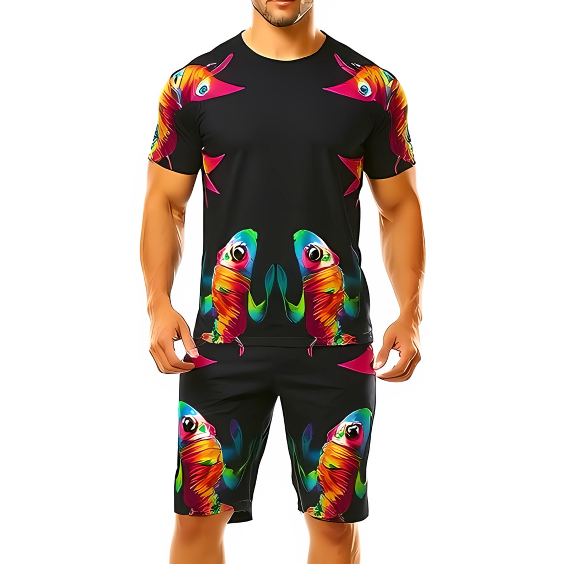 Vibrant Kaleidoscopic Fish Print T-Shirt and Shorts Set for Men - Bold ...