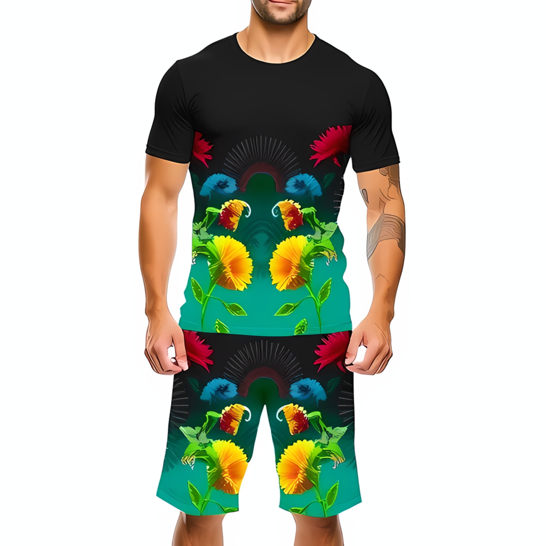 Vibrant Kaleidoscopic Floral Print T-Shirt and Shorts Set - Teal Background with Bold Sunflowers ...