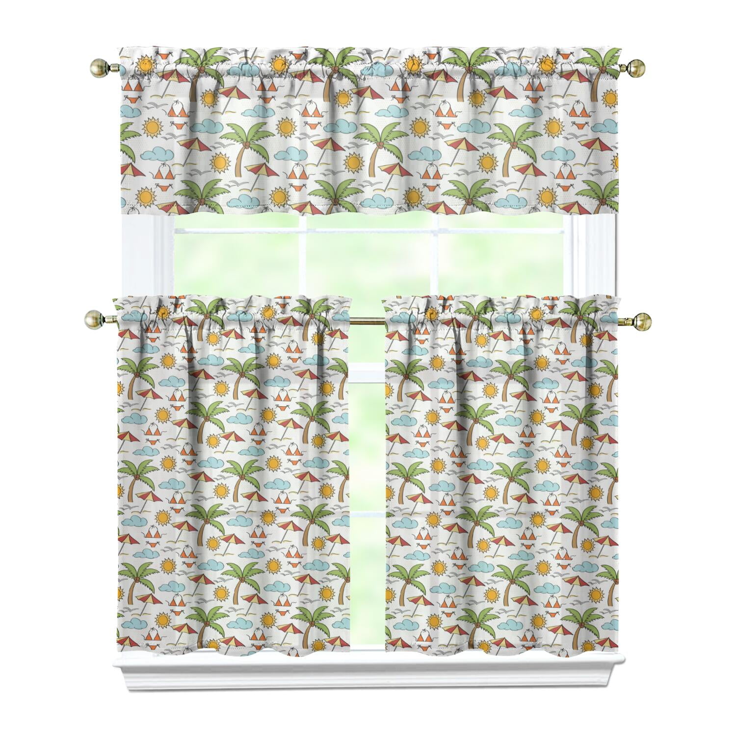 Vibrant Kitchen Curtains Set, Rod Pocket Tier and Valance, Tropical ...
