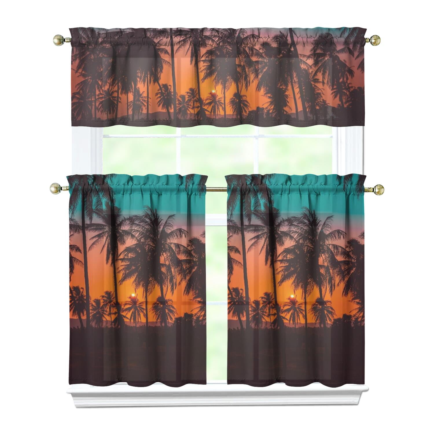 Vibrant Kitchen Curtains Set, Rod Pocket Tier and Valance, Tropical ...