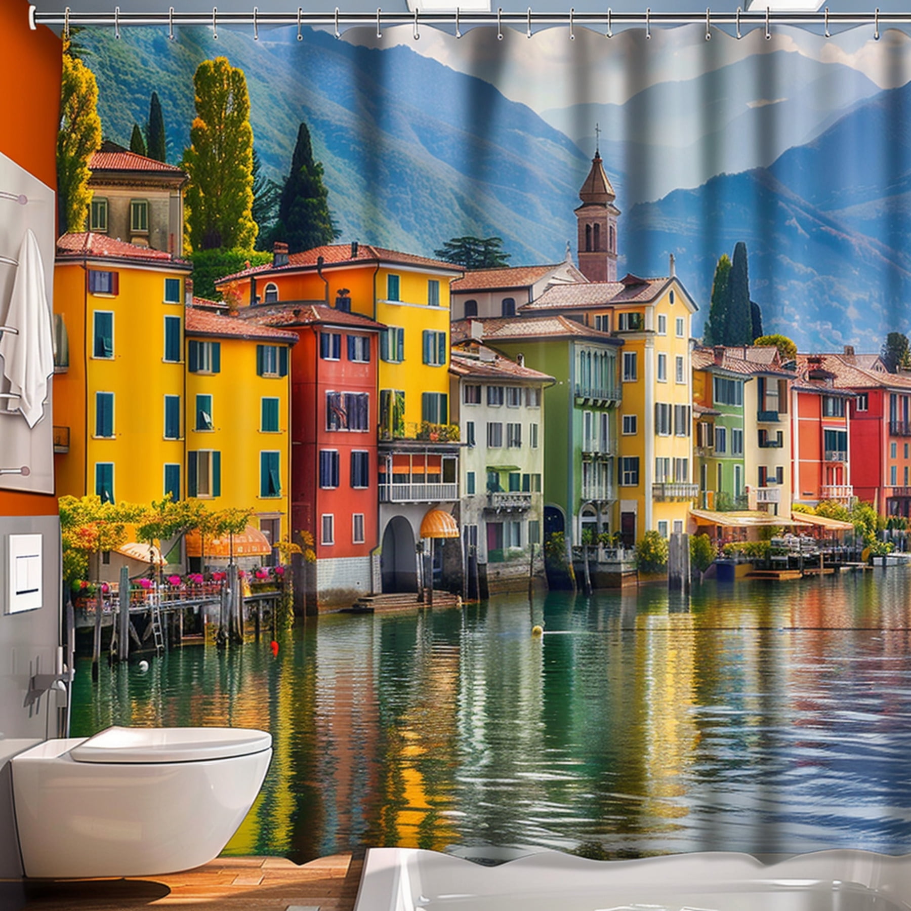 Vibrant Lake Como Escape: Photo Realistic Shower Curtain Featuring Charming Buildings and Serene ...
