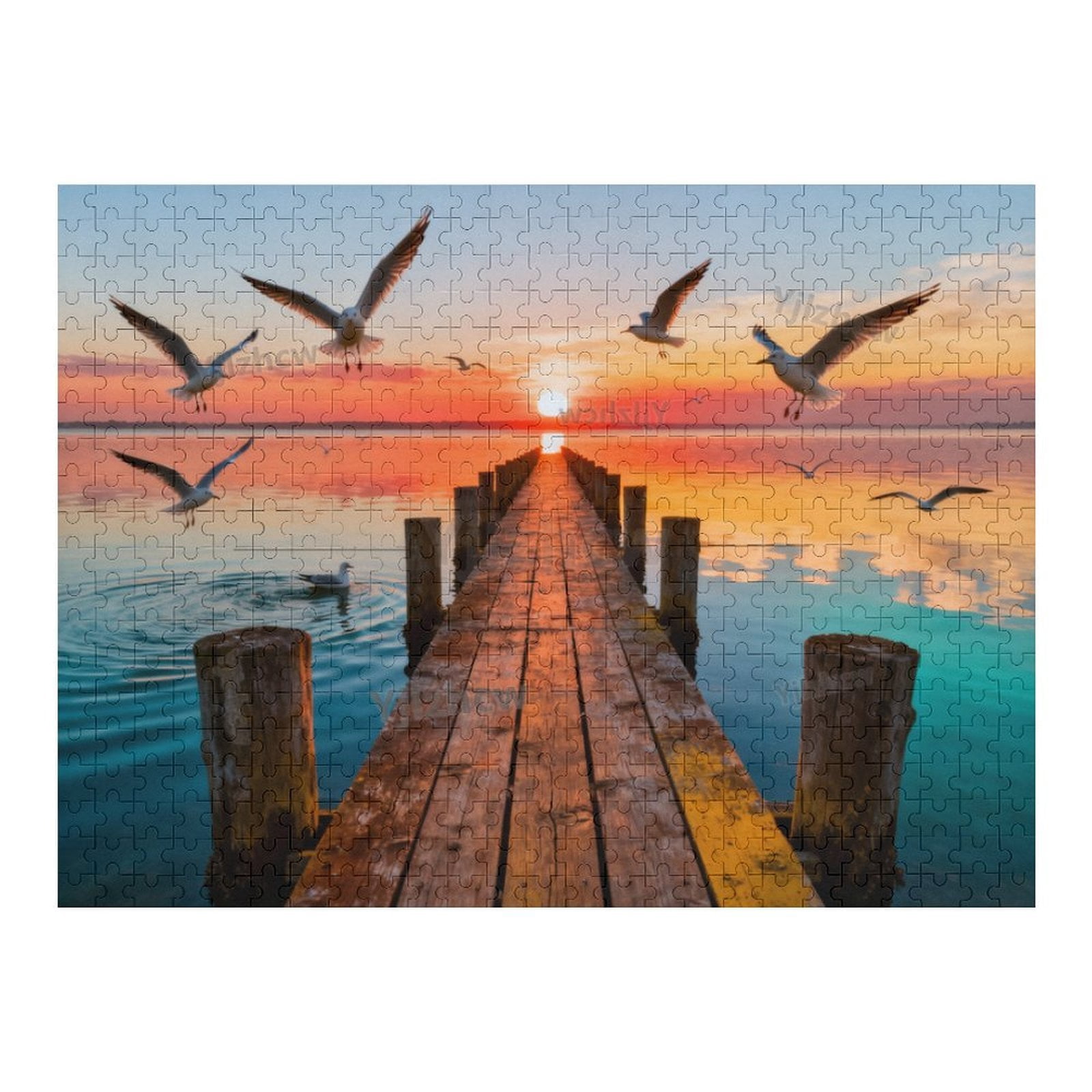 Vibrant Lake Sunset Dock Seagull Wooden Puzzles 500 Pieces for Adults ...