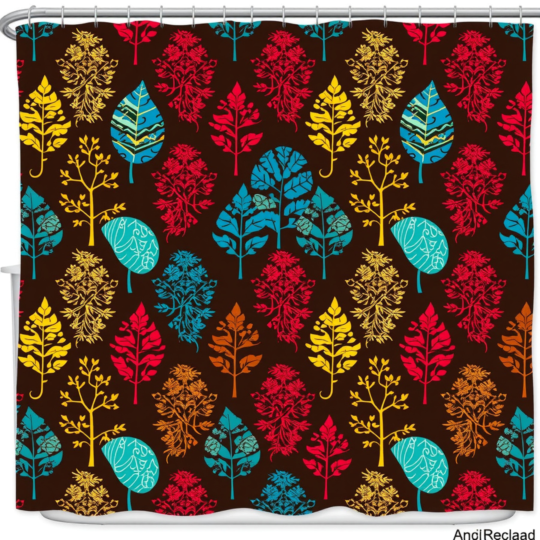 Vibrant Leaf Pattern Shower Curtain , Red, Yellow & Orange on Dark ...