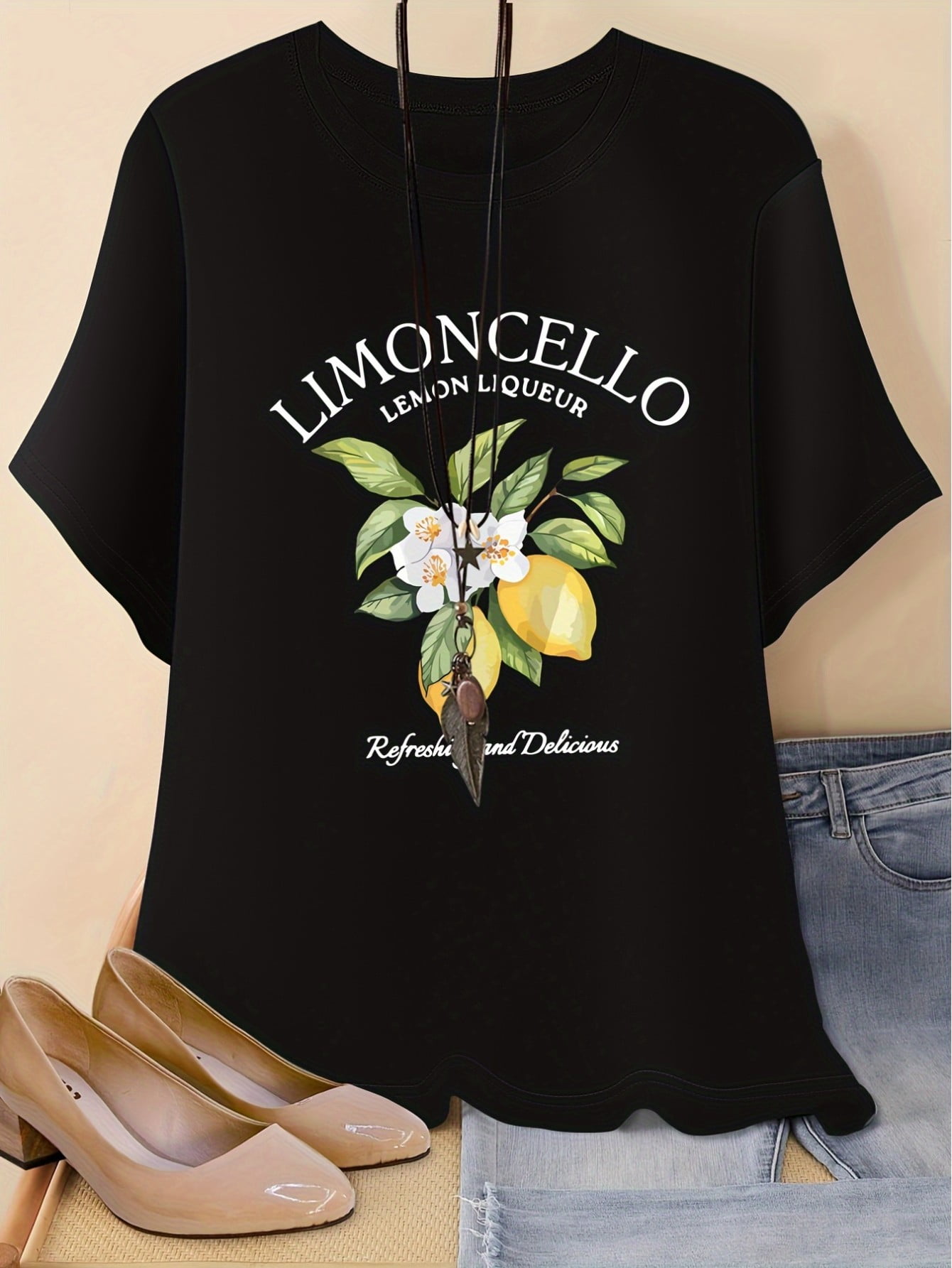 Vibrant Lemon Print Short Sleeve Crew Neck T-Shirt - Women's Casual ...