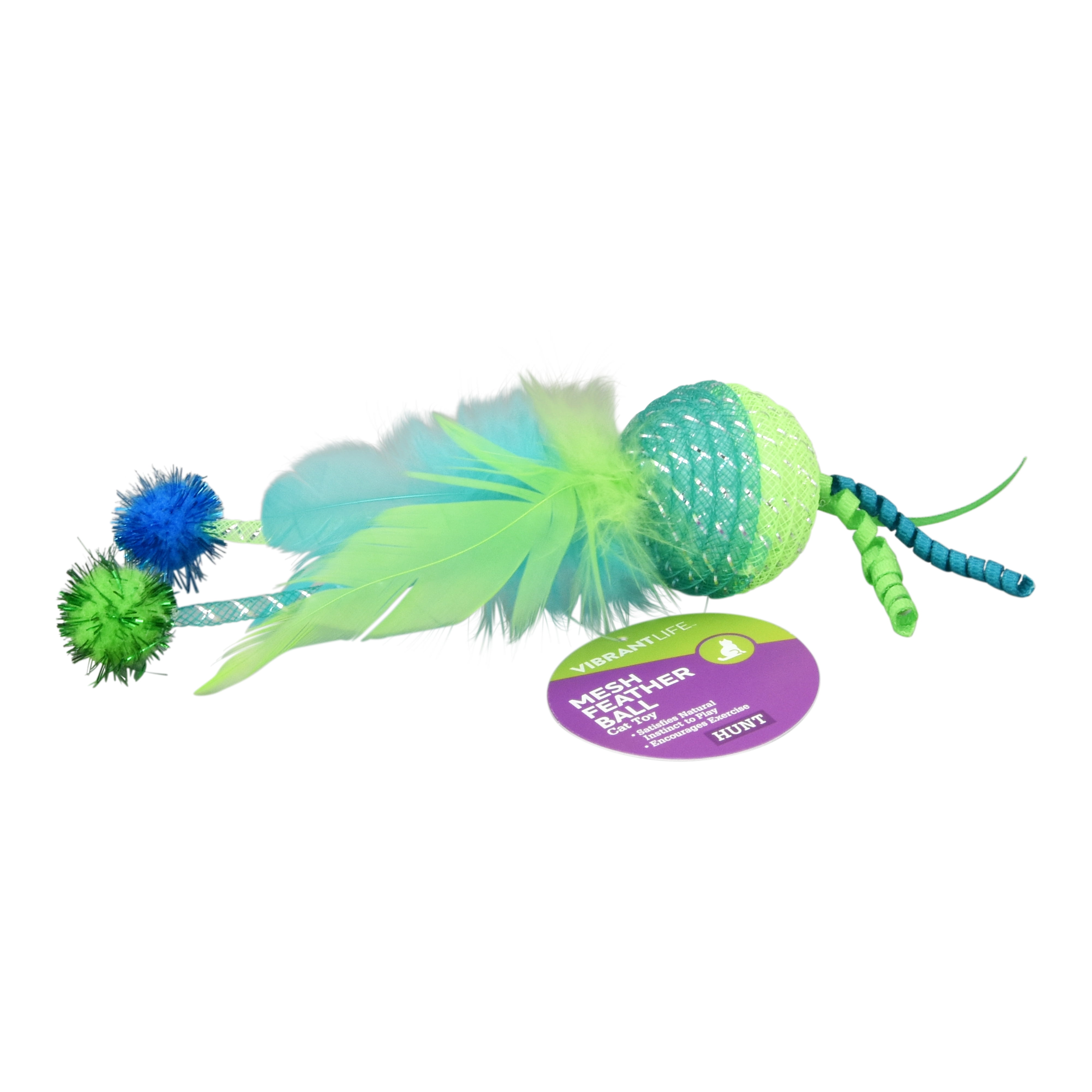Vibrant Life Mesh Feather Ball Cat Toy Green/Lime Lightweight Engaging ...