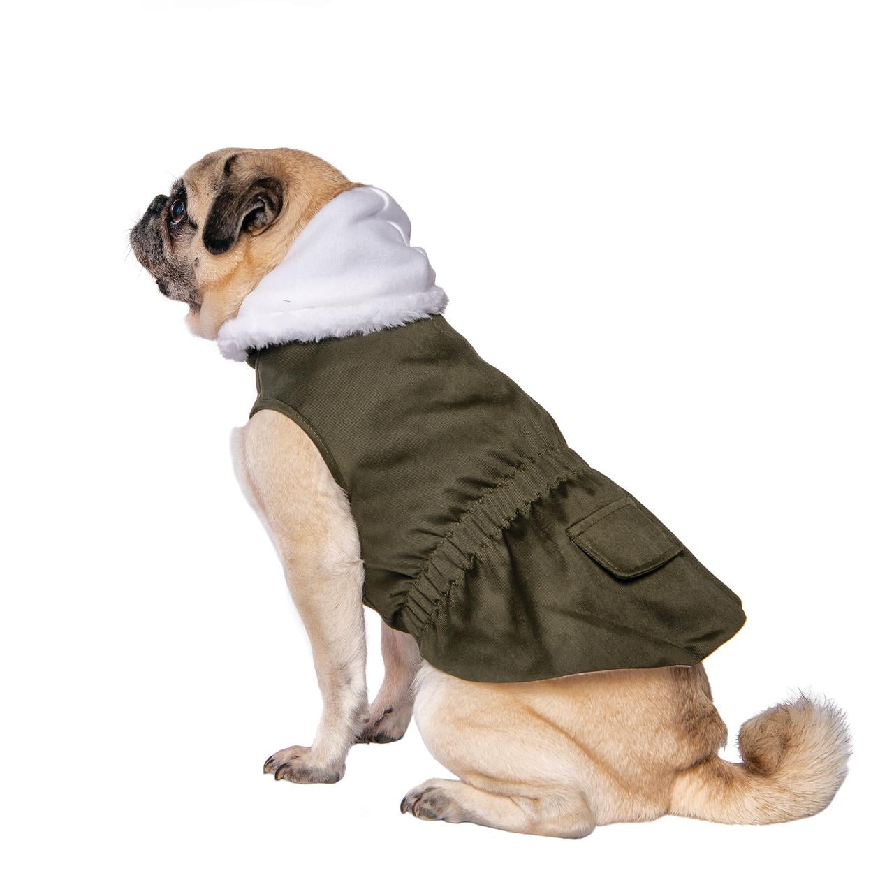 Vibrant Life Olive Green Twill Pet Jacket with Pocket Flap and Faux Fur ...