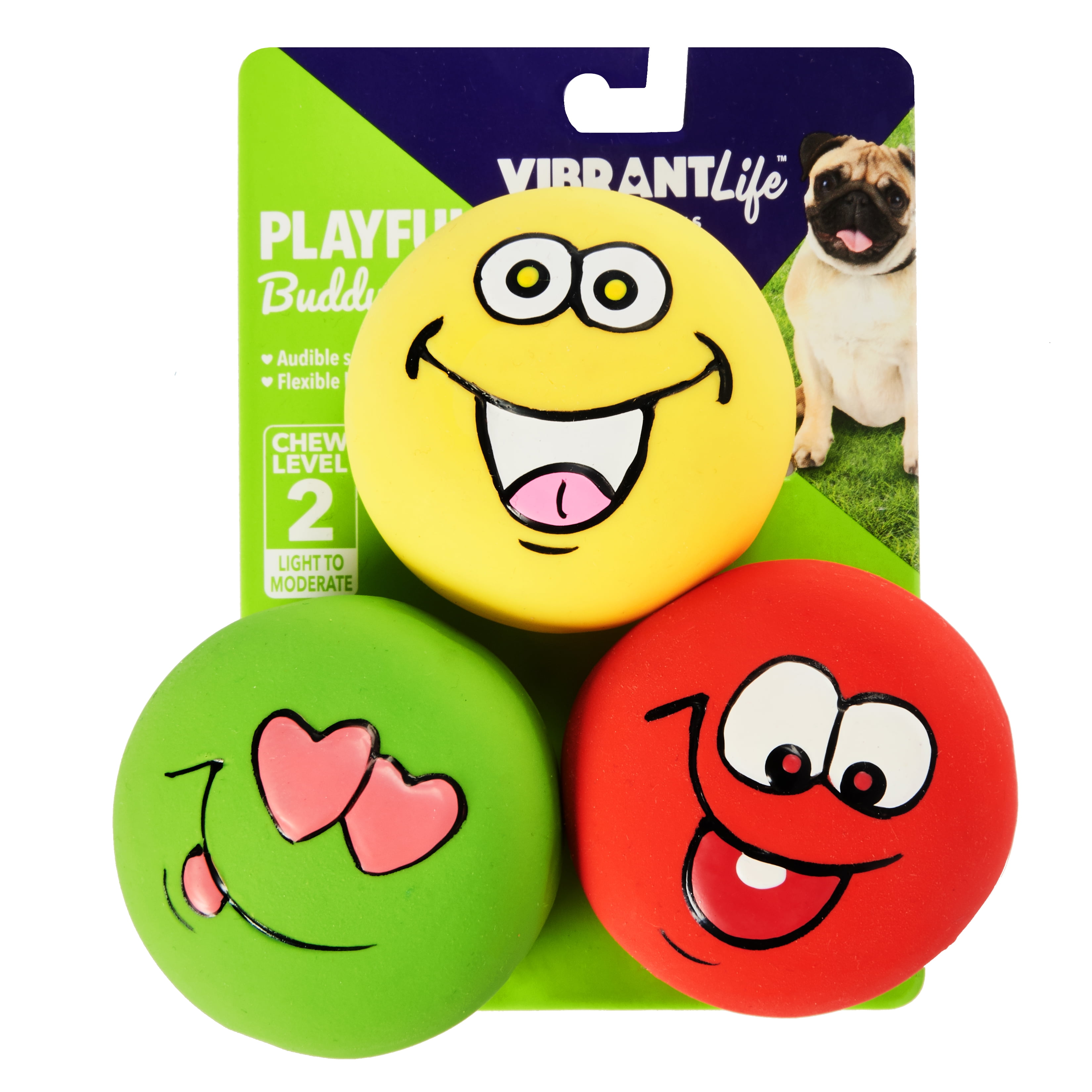 Vibrant Life Playful Buddy Emoticon Dog Chew Toy, Chew Level 2, 3 Count ...