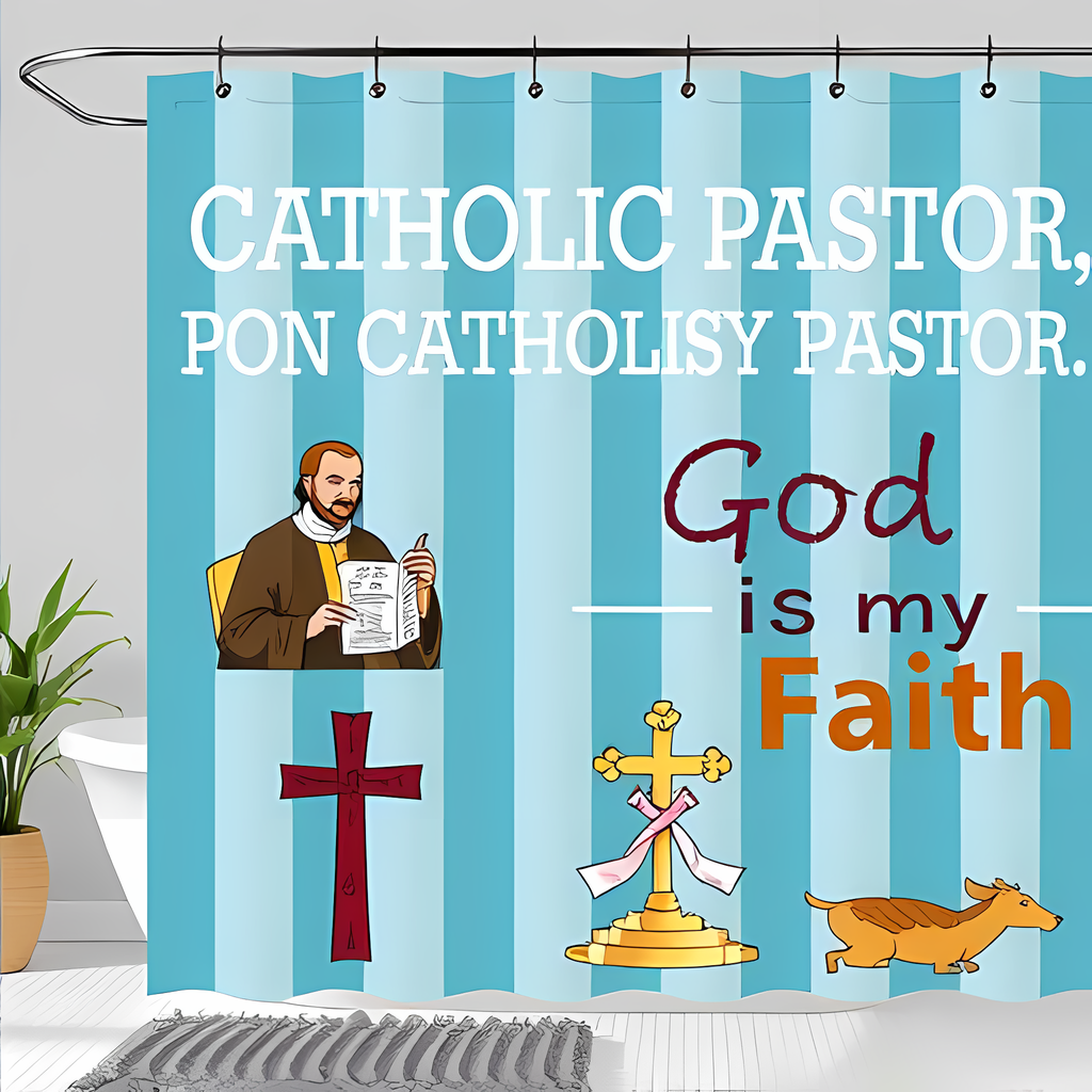 Vibrant Light Blue Striped Shower Curtain with Playful Imagery ...