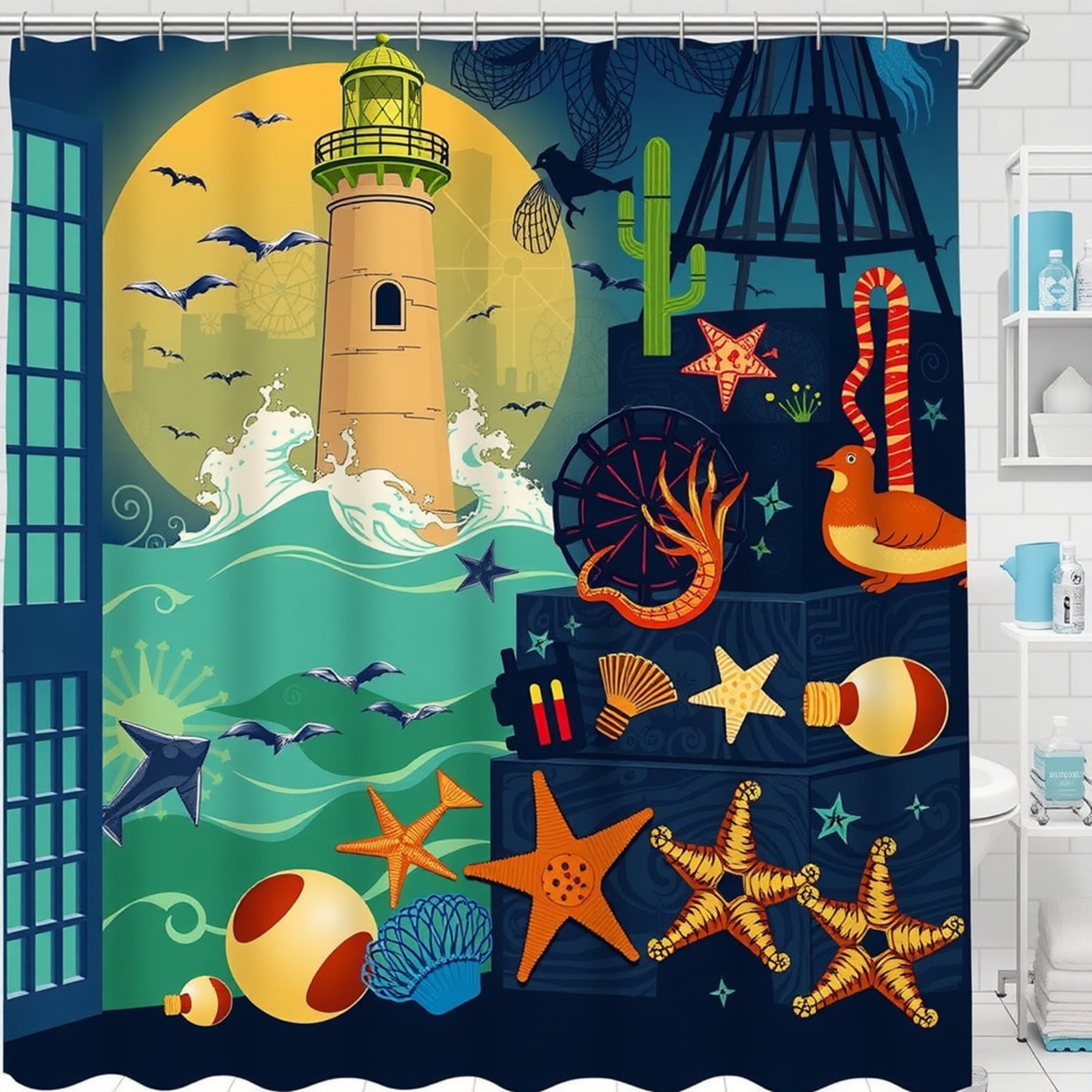 Vibrant Lighthouse Shower Curtain with Marine Life & Bats - Colorful ...