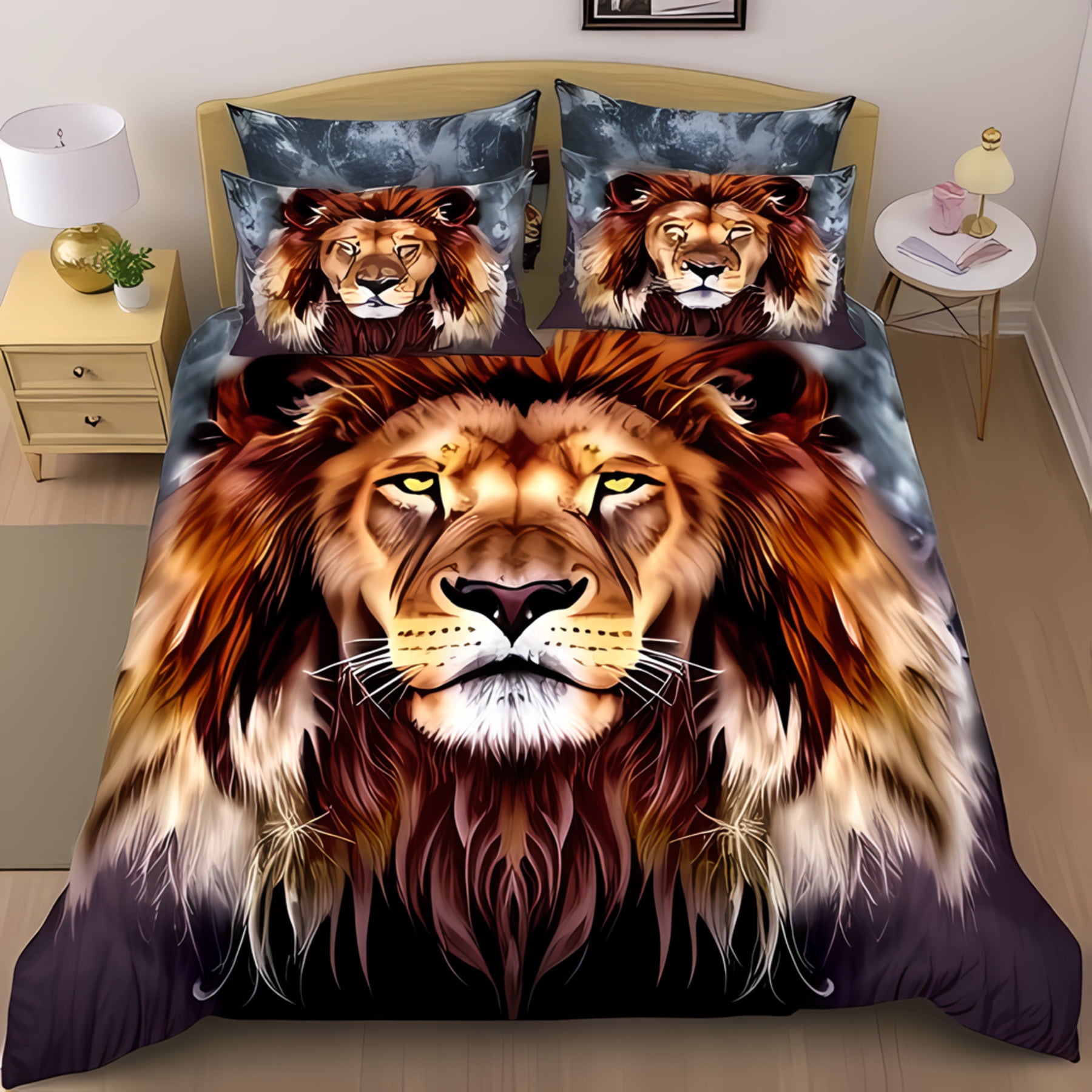 Vibrant Lion Print Bedding Set Bold Lion's Head Design with Rich Colors ...
