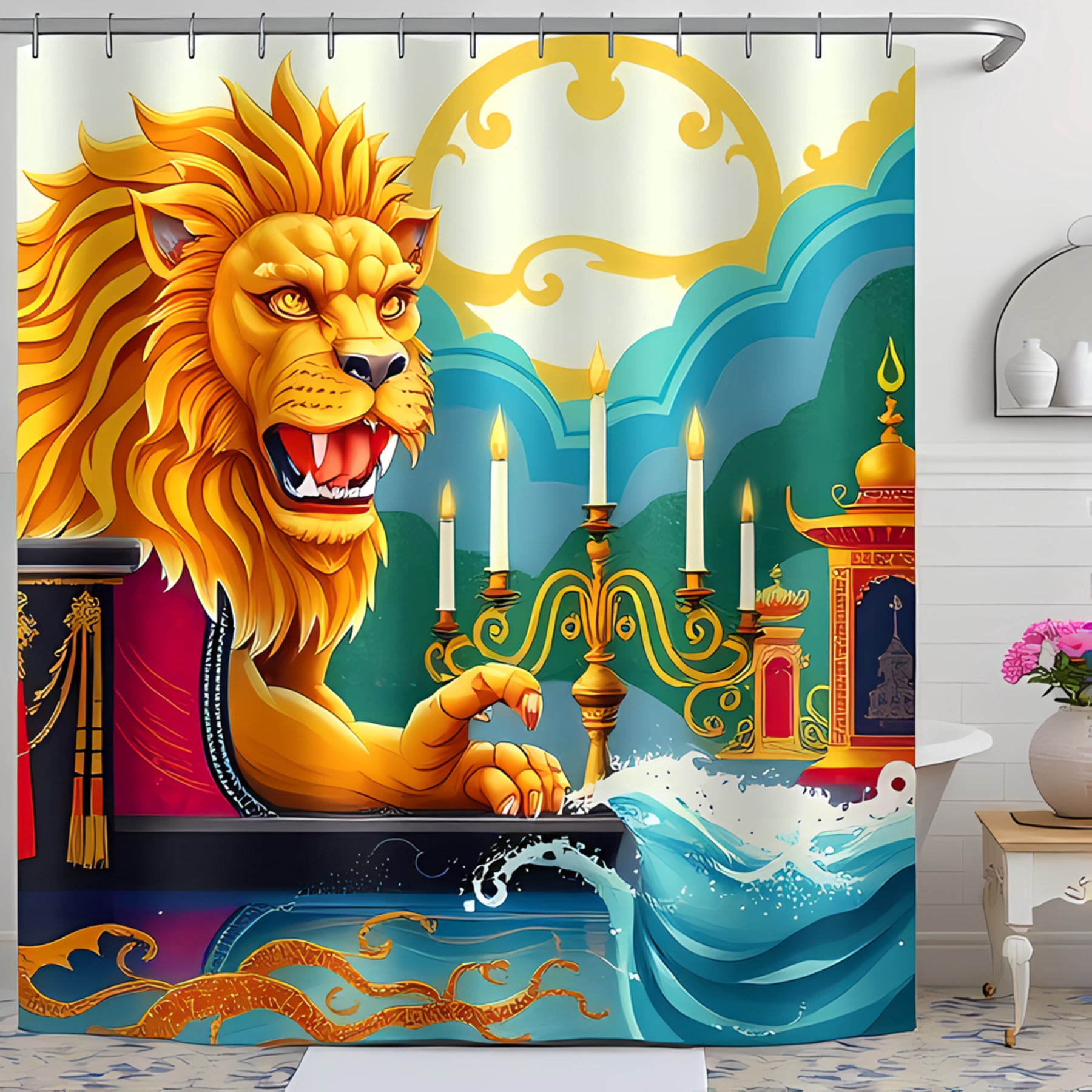 Vibrant Lion Shower Curtain - Ornate Golden Lion Design with Candelabra ...