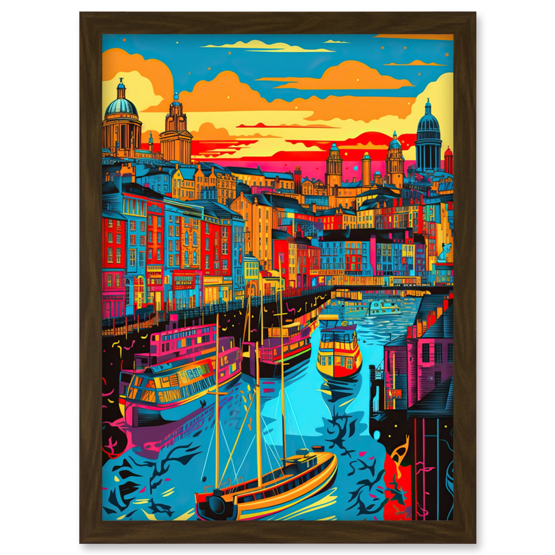 Vibrant Liverpool City Waterfront Sunset Cityscape Artwork Framed Wall ...