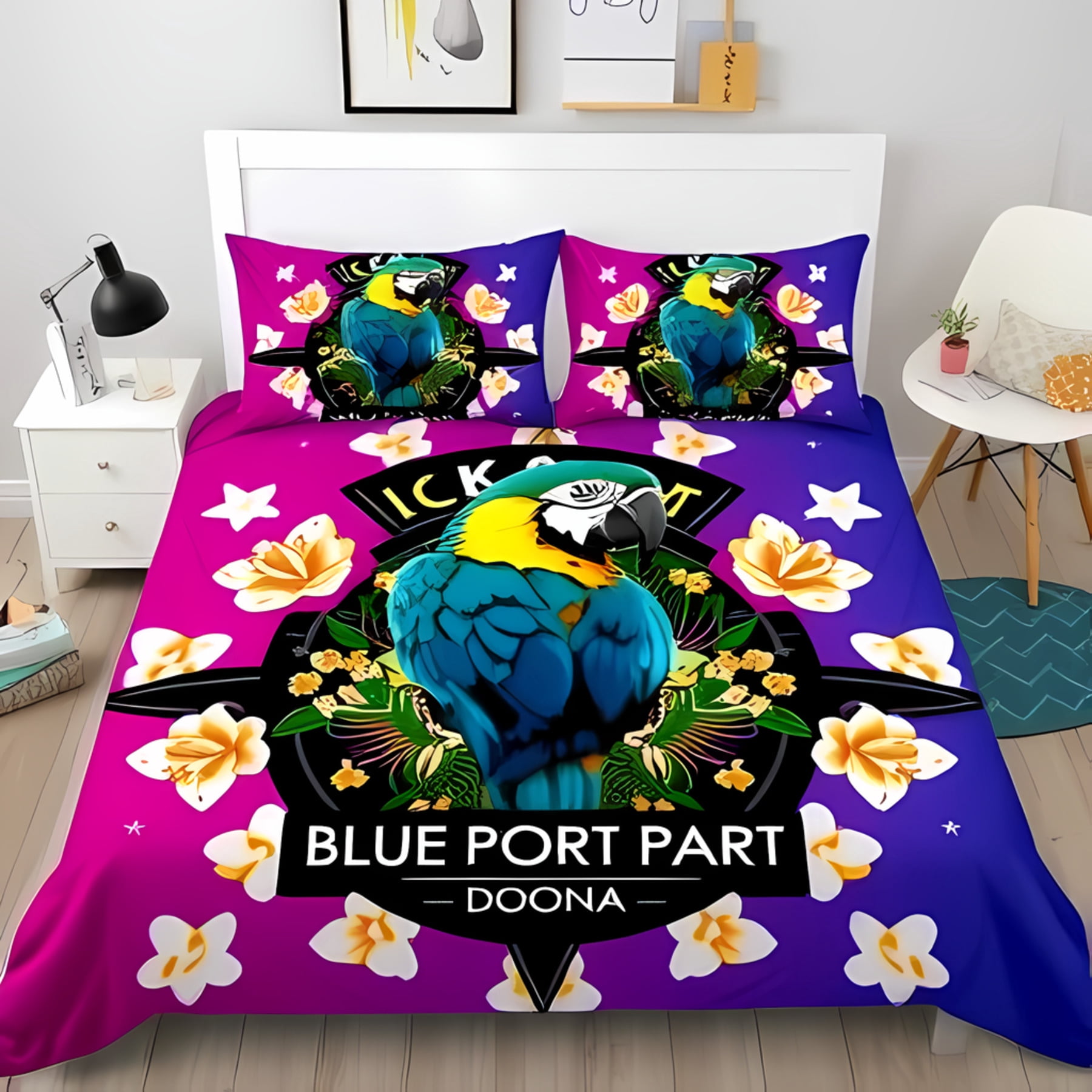 Vibrant Macaw Bedding Set Bold Graphic Design with Colorful Flowers ...