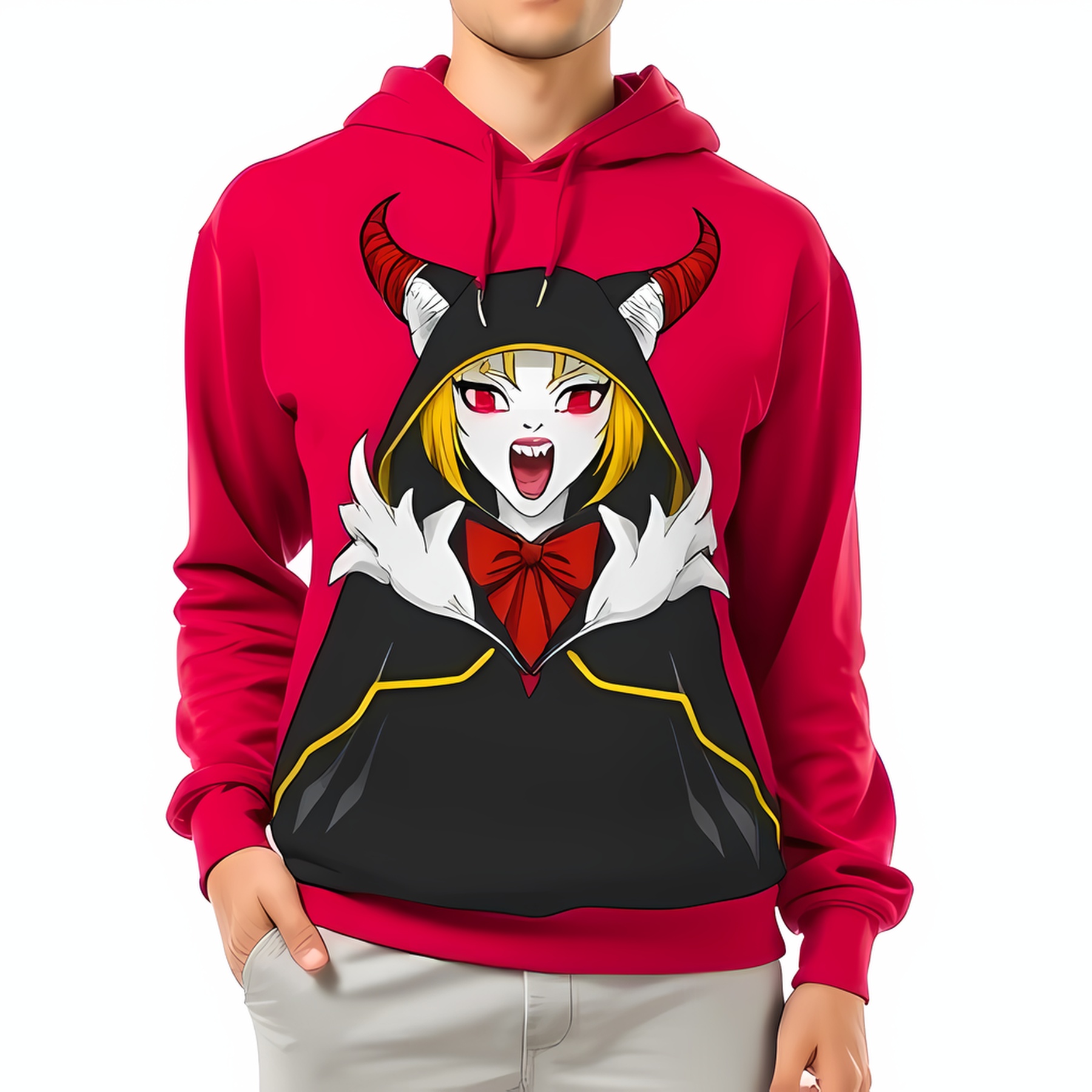 Vibrant Magenta-Red 3D Anime Girl Hoodie with Horns Bloodshot Eyes ...