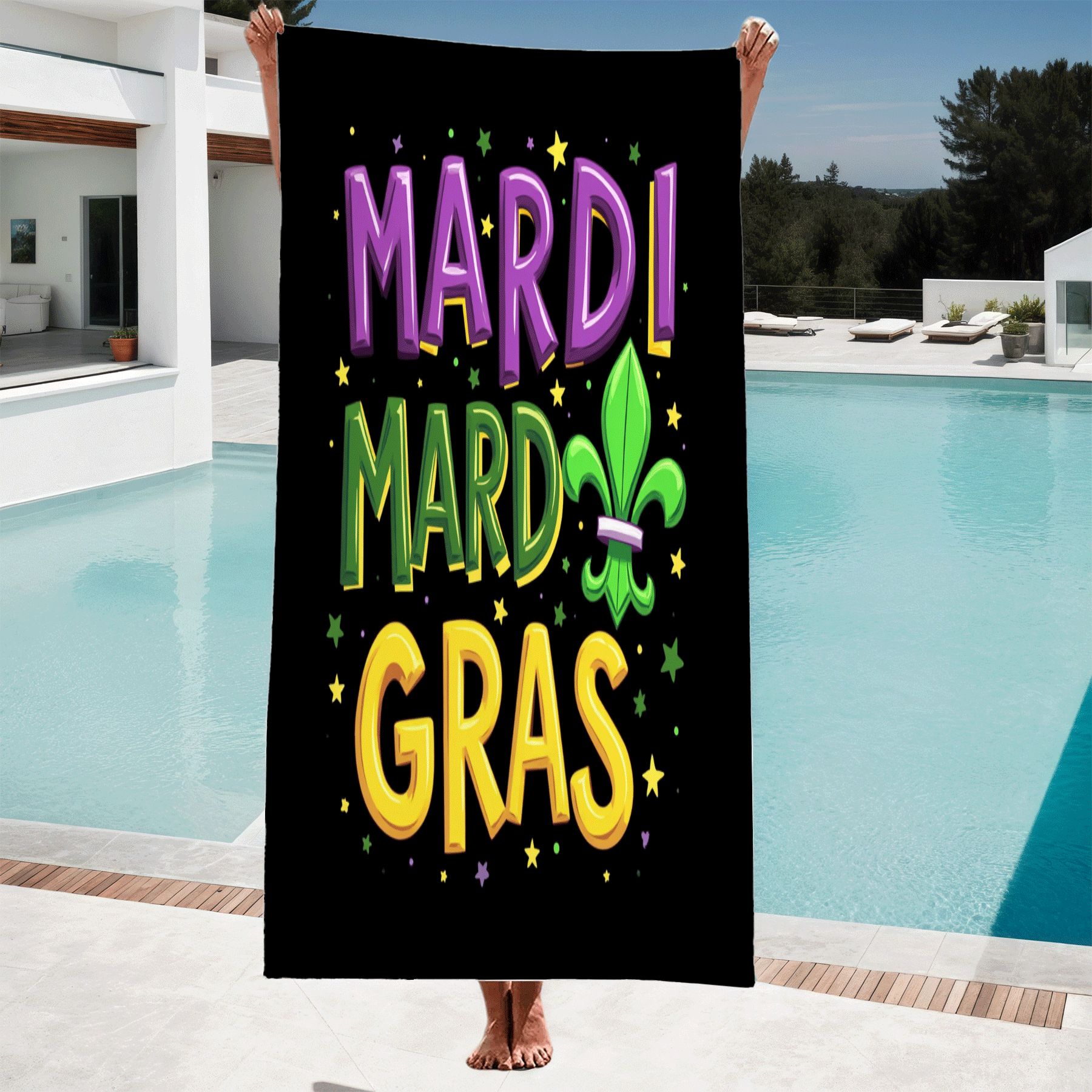 Vibrant Mardi Gras Beach Towel - Bold Purple Green & Yellow Design with ...