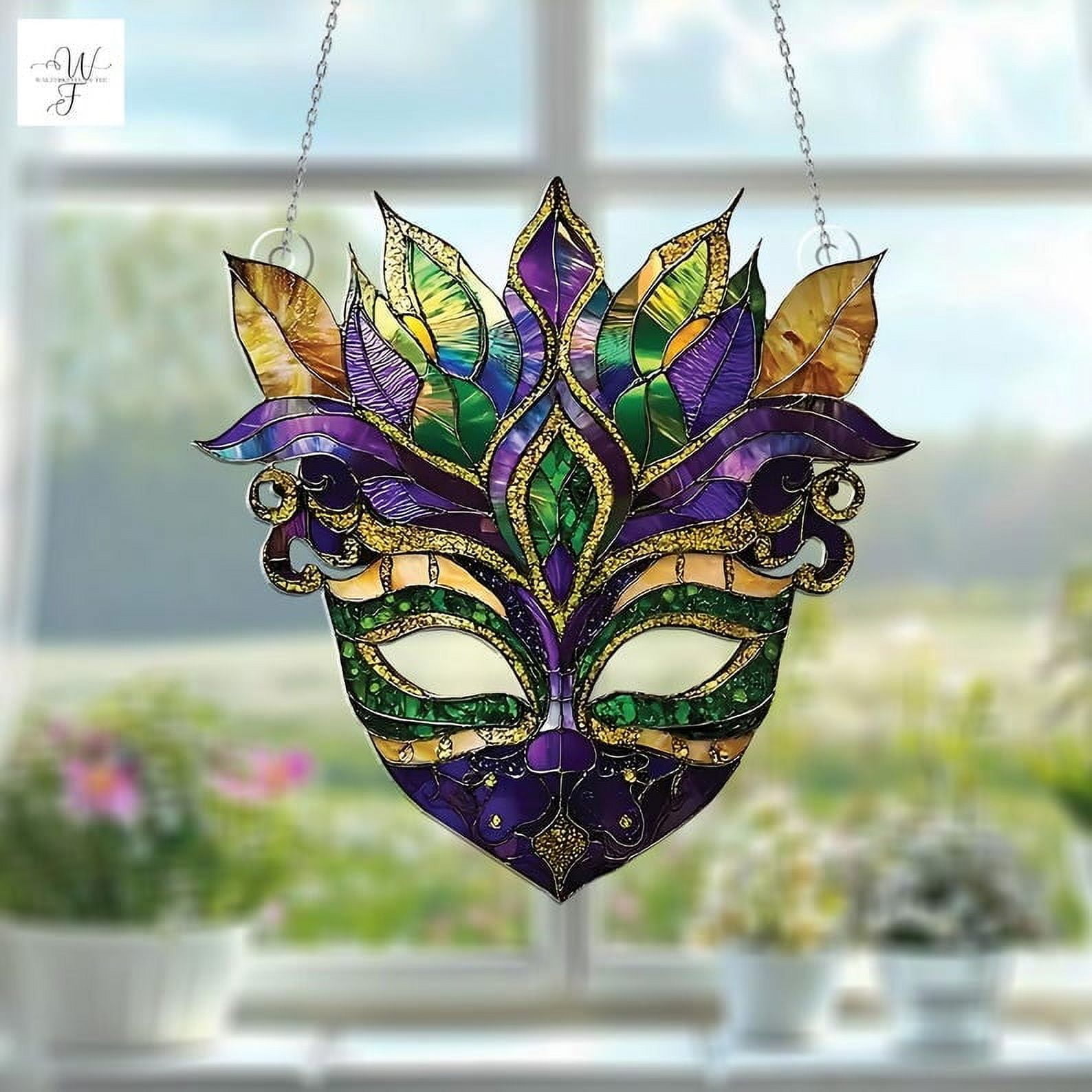 Vibrant Mardi Gras Mask Acrylic Window Hanging, Purple and Green ...