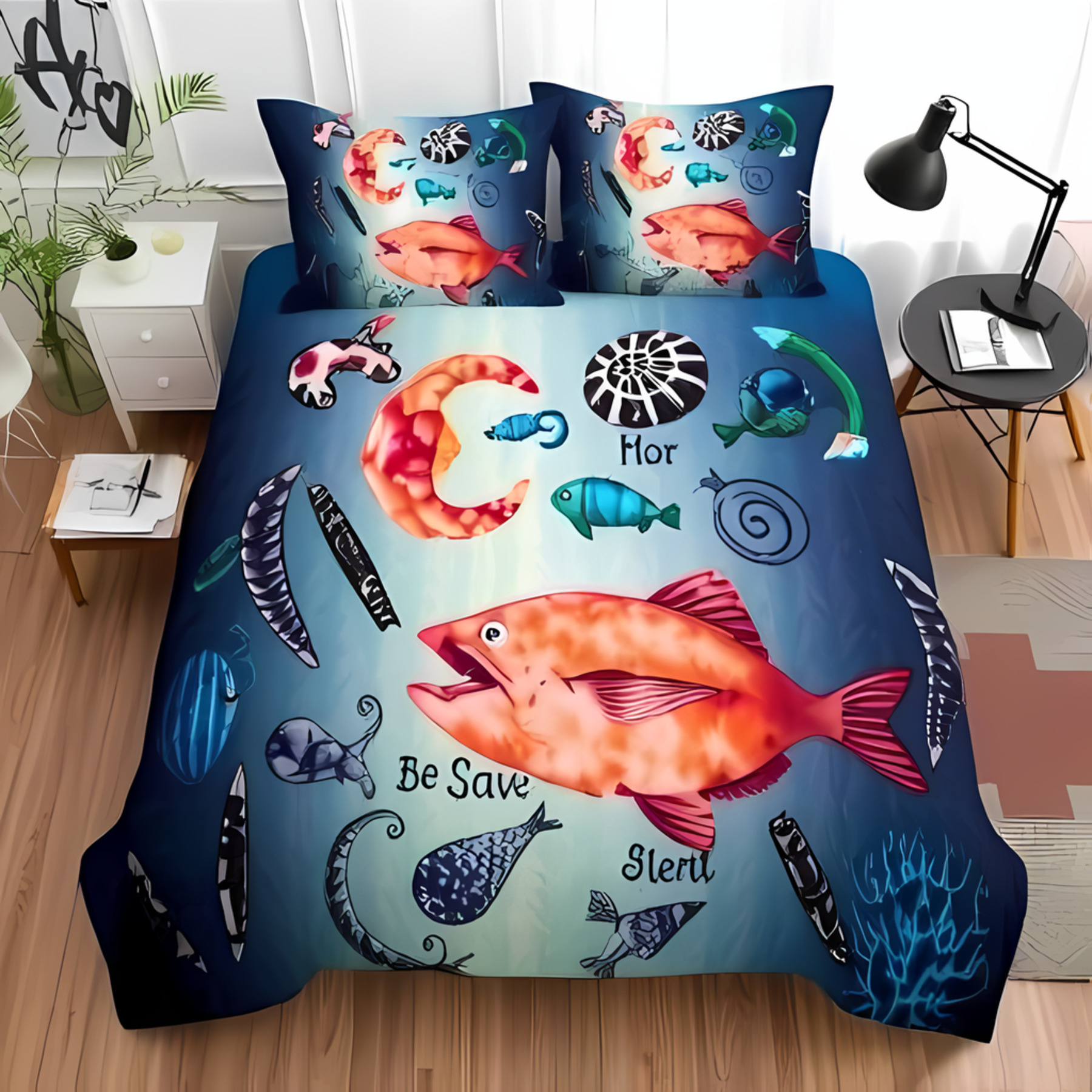 Vibrant Marine Life Comforter Set Deep Teal Blue Gradient Colorful Fish ...