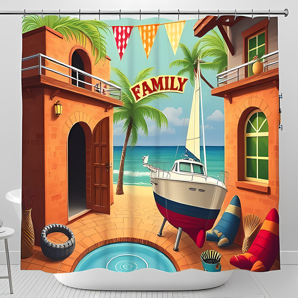 Vibrant Mediterranean Beach Scene Shower Curtain - Family Vacation ...