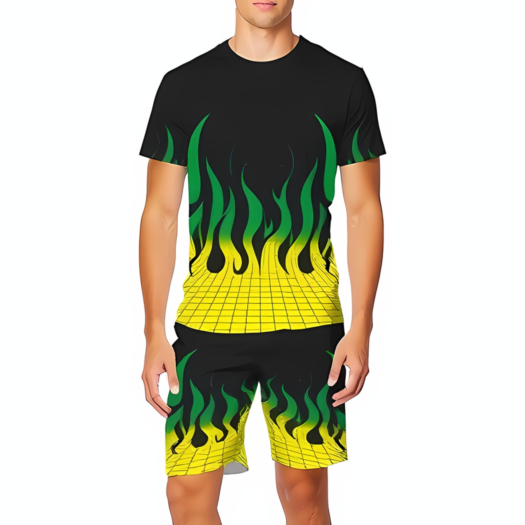 Vibrant Men's Athletic T-Shirt & Shorts Set - Bold Green & Yellow Flame ...