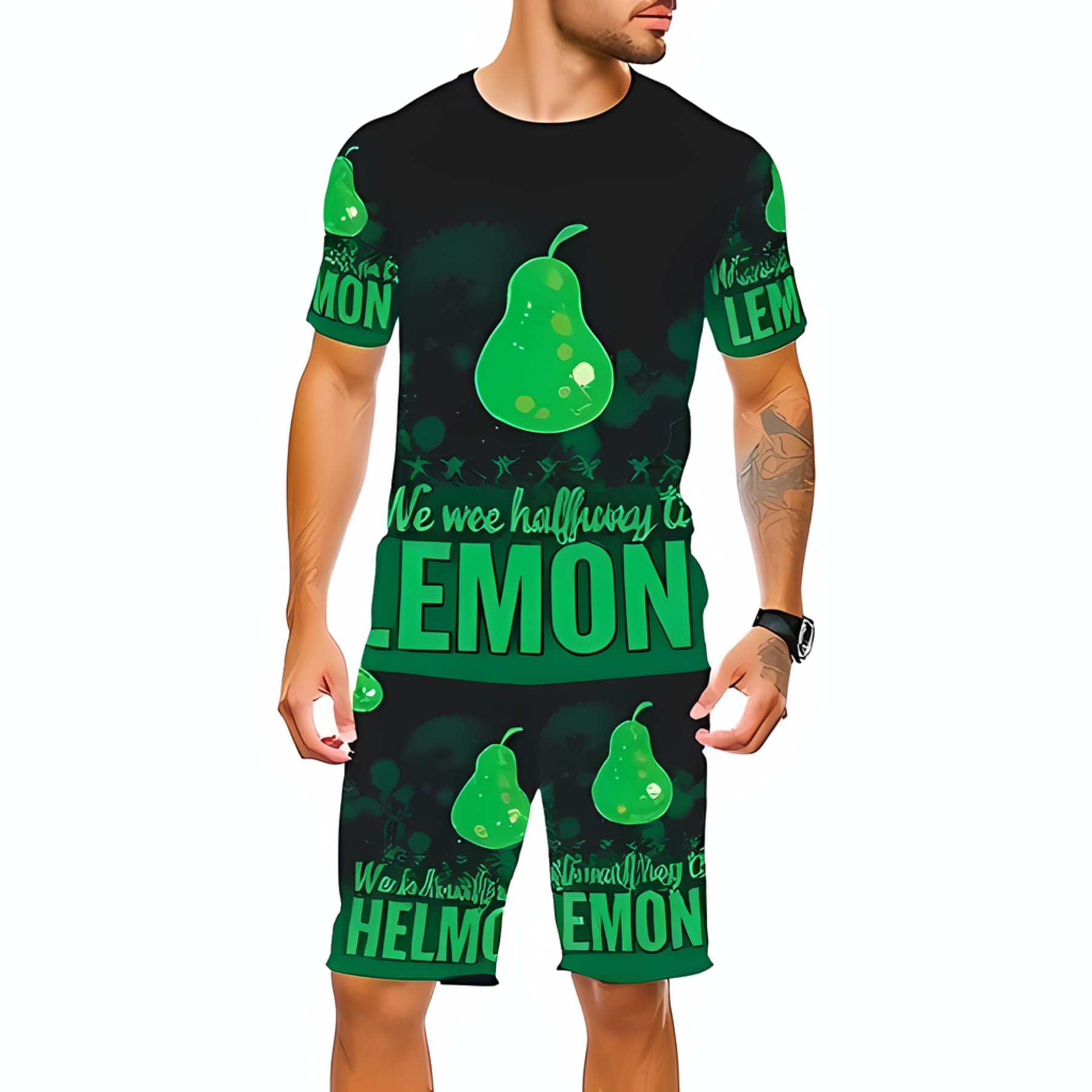 Vibrant Men's Two-Piece Set: Short - Sleeve Shirt & Shorts with Playful ...