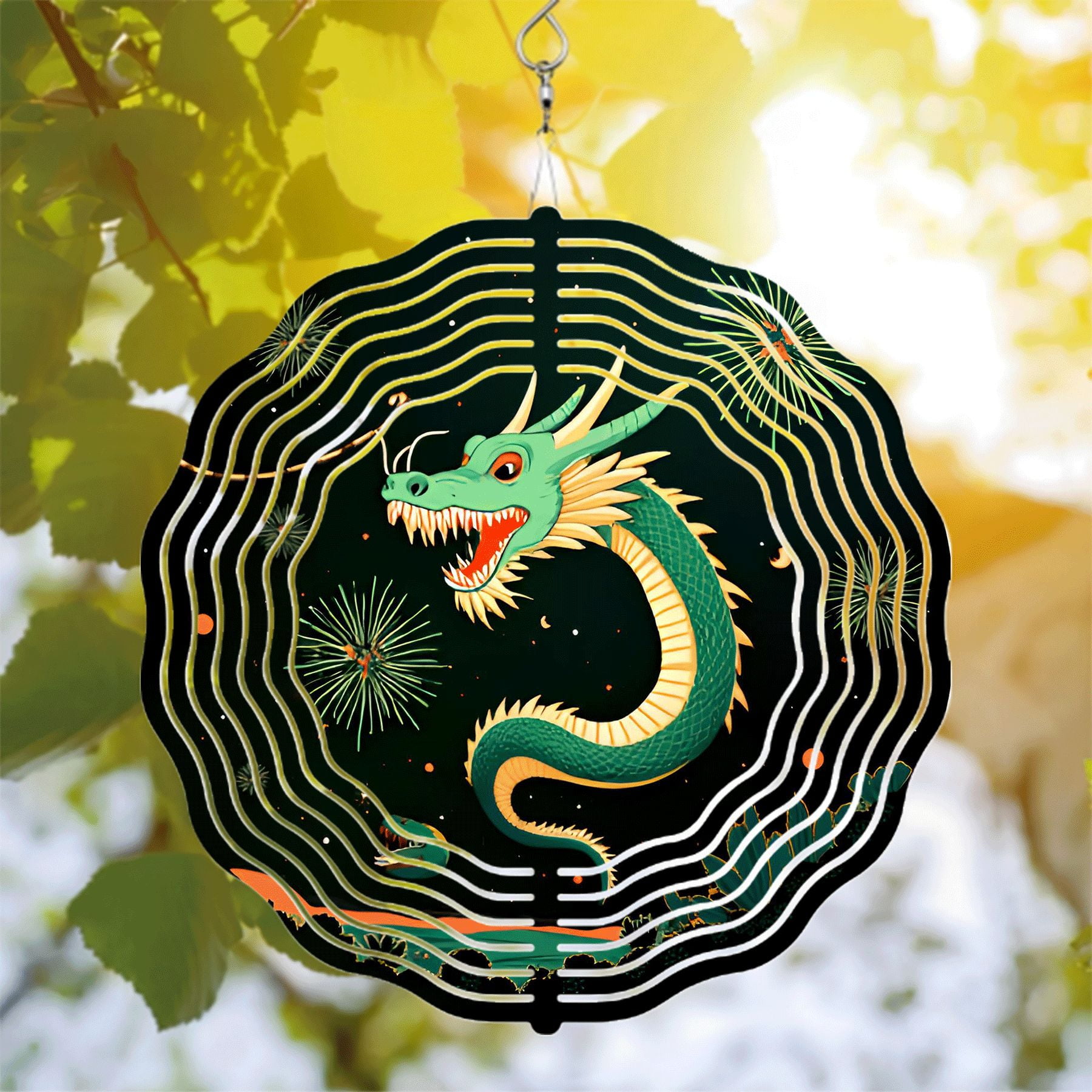 Vibrant Metal Hanging Wind Spinner - Dragon Design with Concentric ...