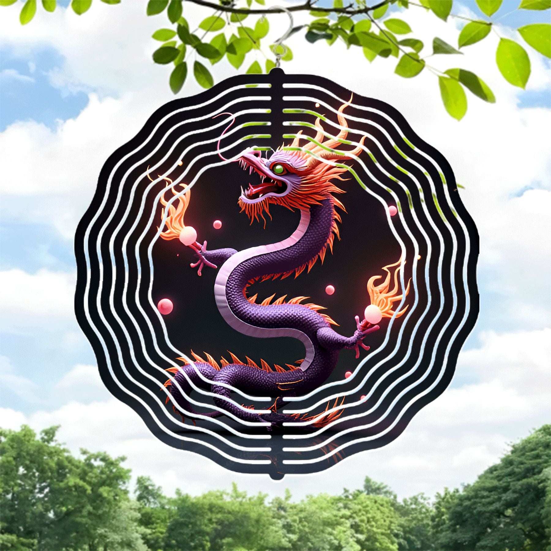 Vibrant Metal Hanging Wind Spinner - Hypnotic Dragon Design with Purple ...