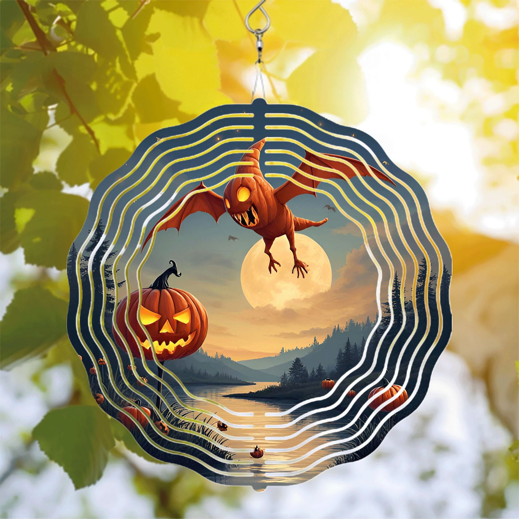 Vibrant Metal Hanging Wind Spinner - Pumpkin Bat Design for Halloween ...