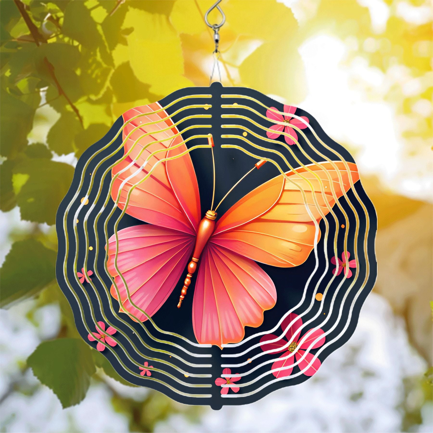 Vibrant Metal Hanging Wind Spinner with Butterfly Design & Floral ...