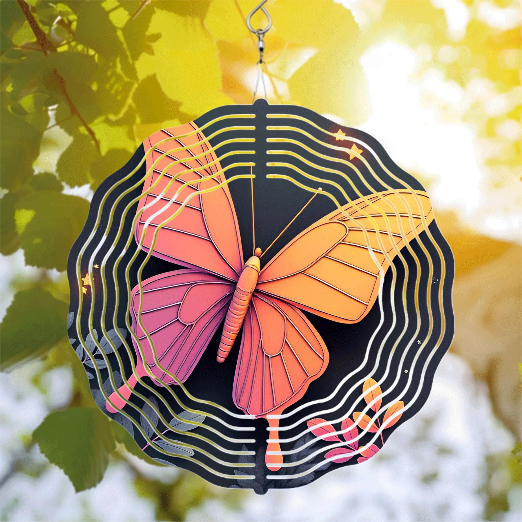 Vibrant Metal Hanging Wind Spinner with Butterfly Design Orange & Pink ...