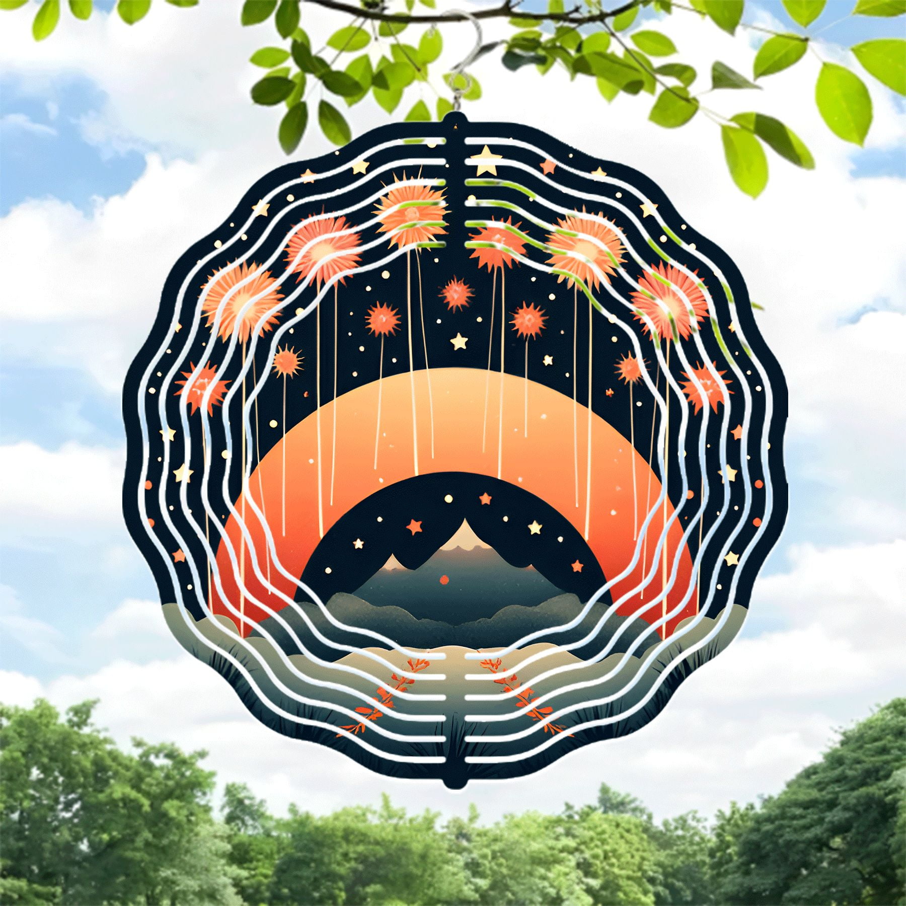Vibrant Metal Hanging Wind Spinner with Celestial Sunset Design Palm ...