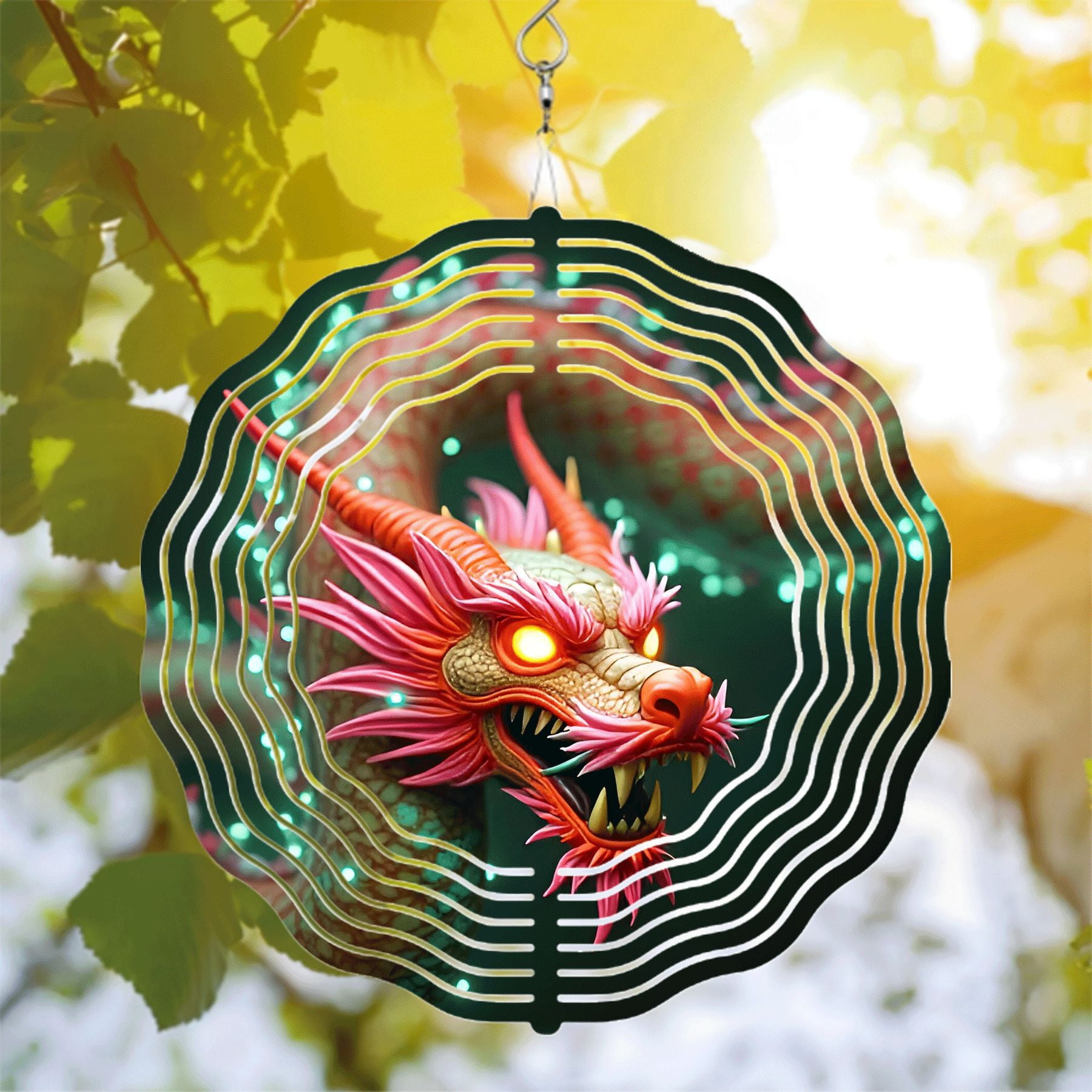 Vibrant Metal Hanging Wind Spinner with Dragon Design - Colorful Red ...